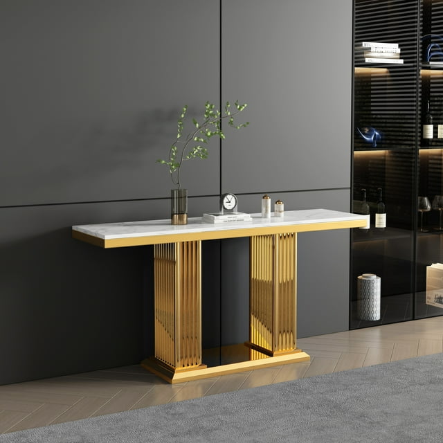 Marble Console Table with Double Pedestal Pillar Gold Finish Stainless ...