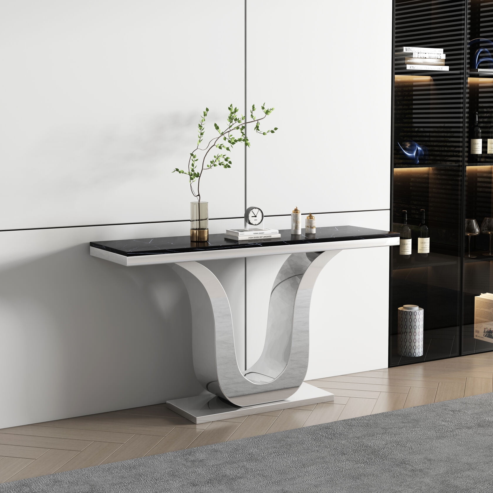 Marble Console Table with U-Shape Silver Finish Stainless Steel Base and 0.71" Thick Marble Top ...