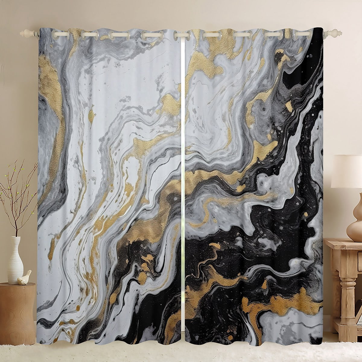 Marble Curtains 38"Wx54"L Ink Fluid 30%-50% Blackout Curtains Modern ...