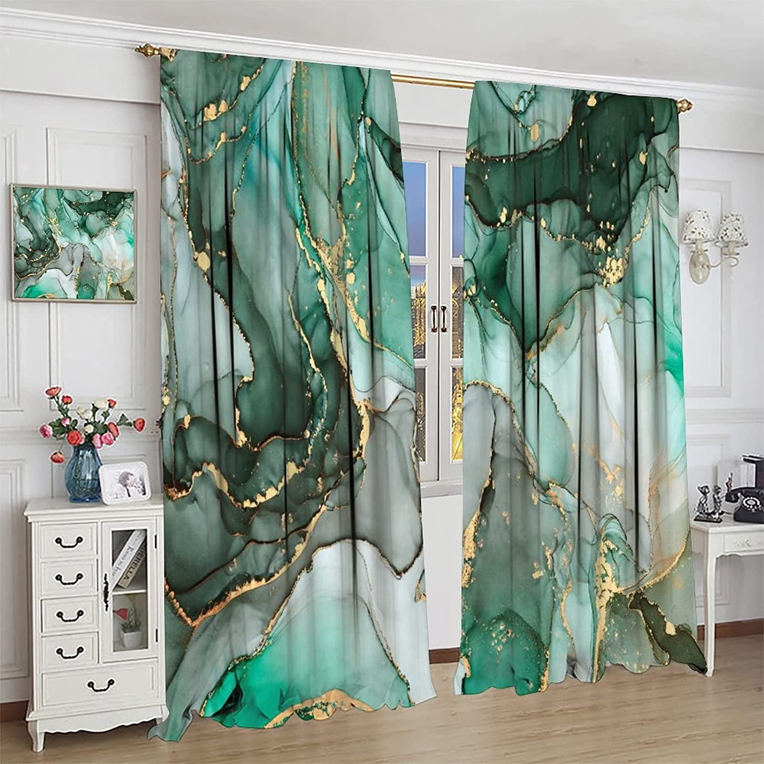 Marble Curtains Abstract Green Jade Gold Bedroom Decor Luxury Blackout Window Drapes Flow Liquid ...