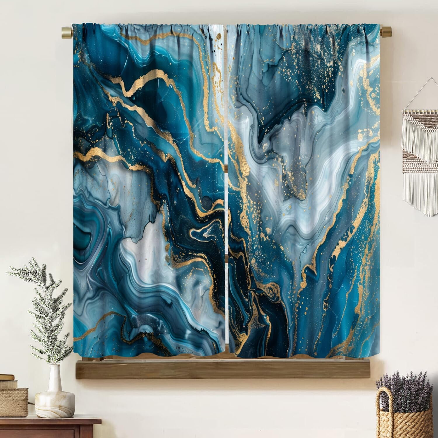 Marble Curtains, Modern Abstract Marble Blue Gold Textured Aesthetic ...