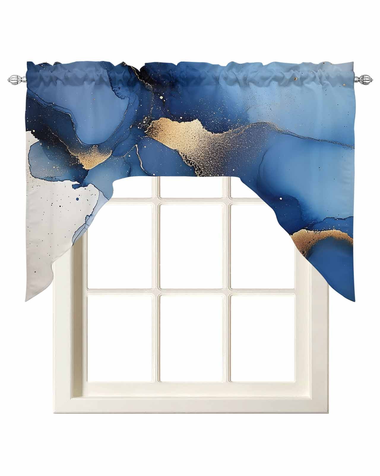 Marble Dark Swag Valance and Tier Curtains Set Blue Abstract Stone ...