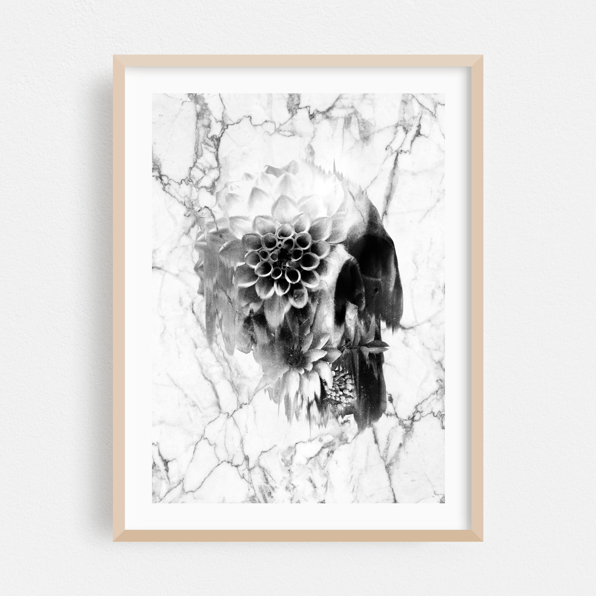 Marble Decay Skull - Illustration Black and White Surrealism Floral ...