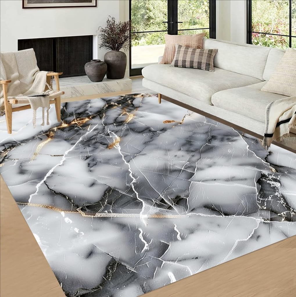 Marble Design Texture Black Grey Rug For Living Room Bedroom Diningroom ...