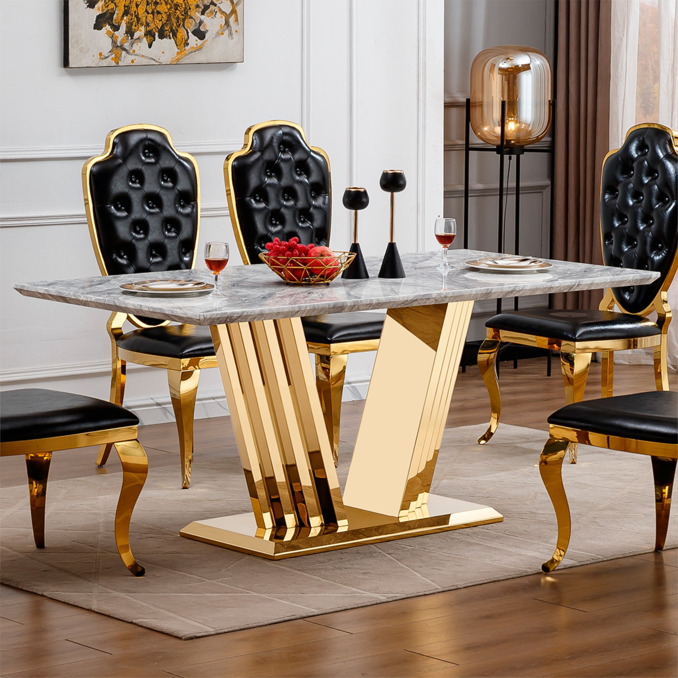 Marble Dining Table for 6 People, 70'' Rectangle Faux Marble Dining ...