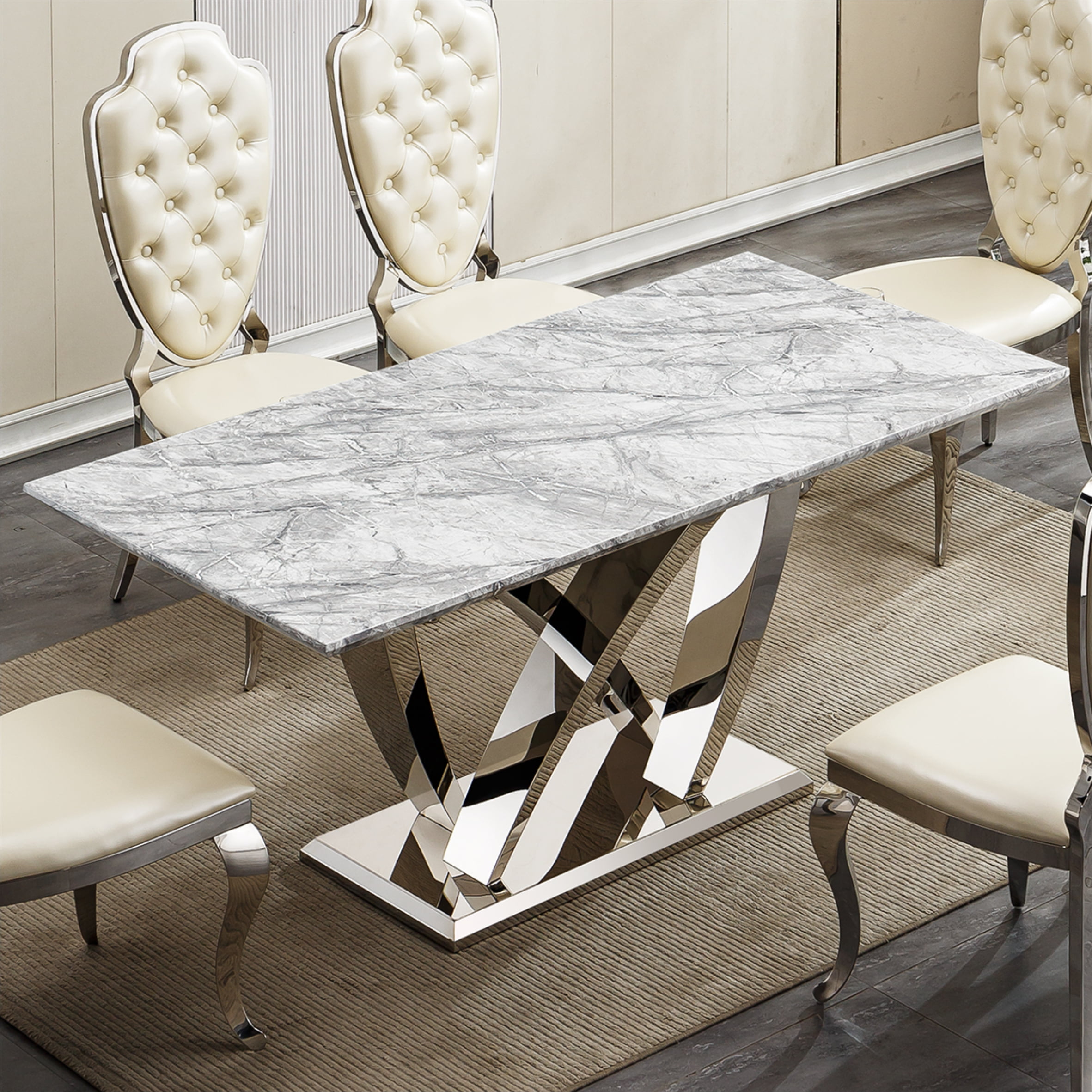 Marble Dining Table for 6 People, 70'' Rectangle Faux Marble Dining ...