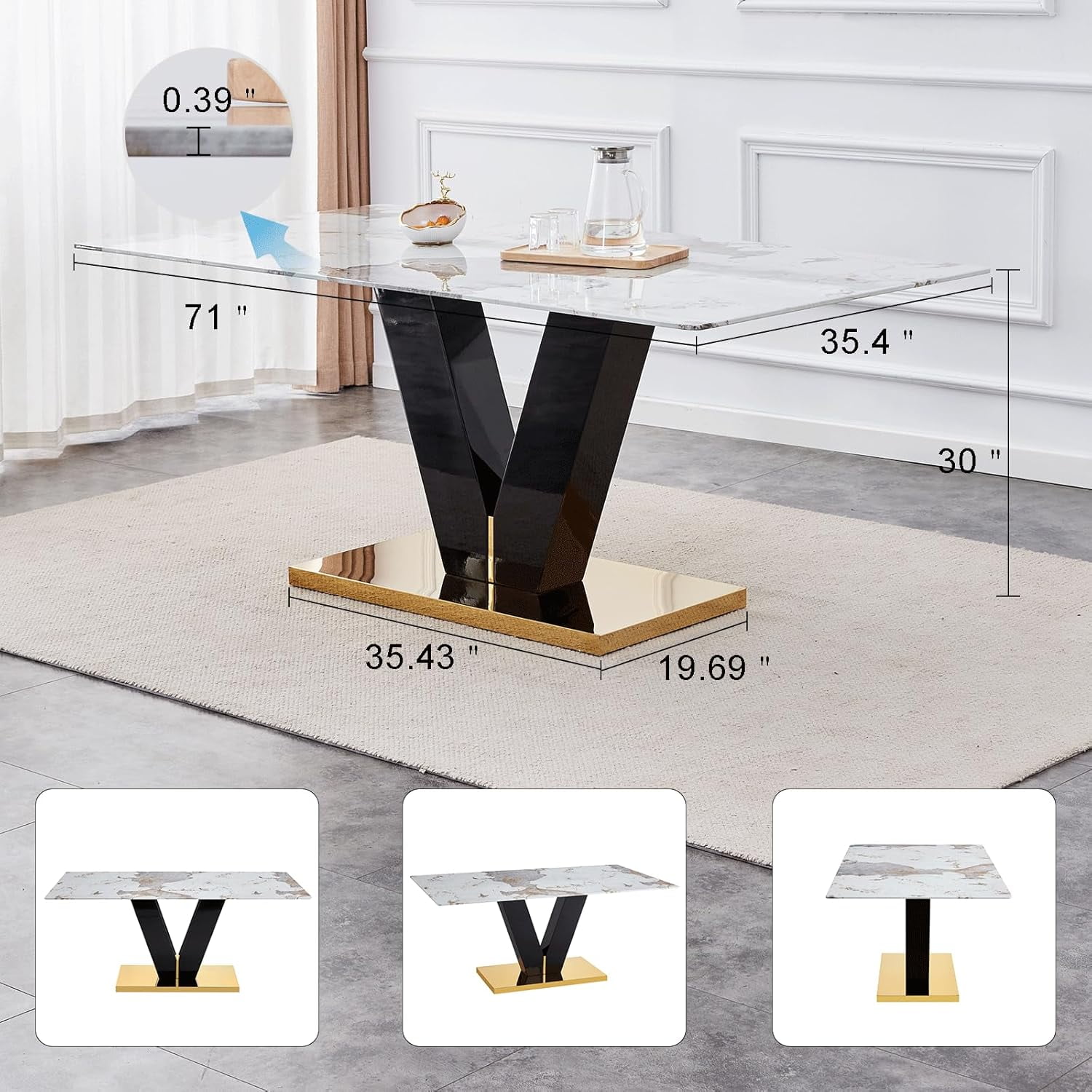 Marble Dining Table, Modern Gold Stainless Steel Base, 71'' Kitchen ...