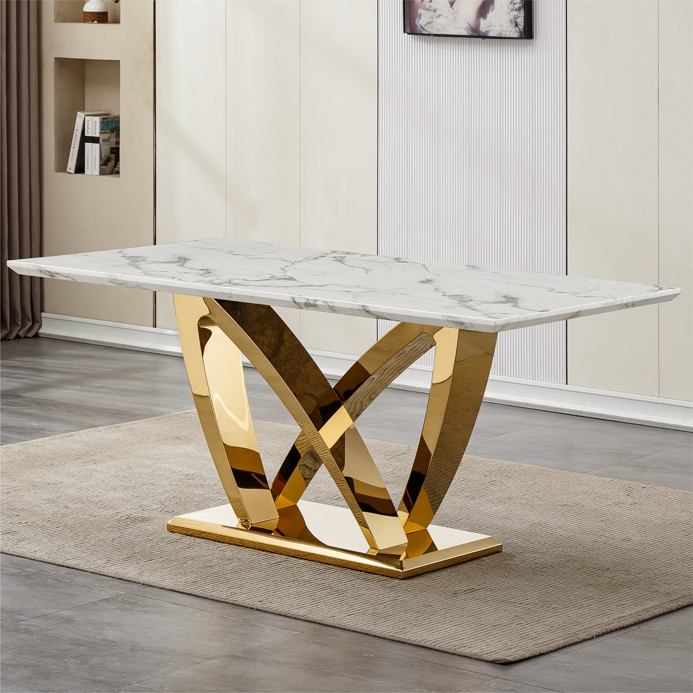 Marble Dining Table for 6 People, 70'' Rectangle Faux Marble Dining ...