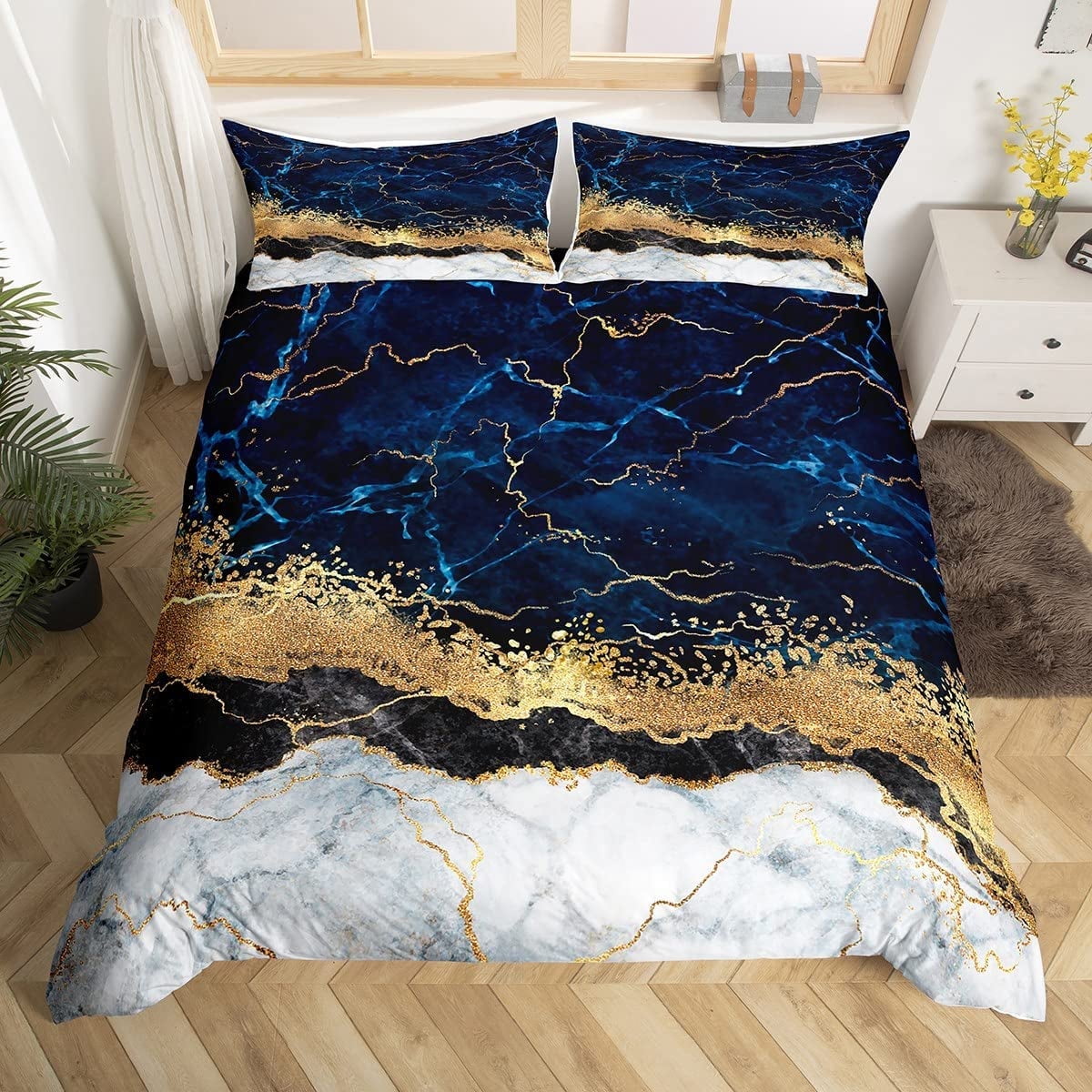Marble Duvet Cover Set Gold Giltter Bedding Set Navy Blue Stone Marble ...