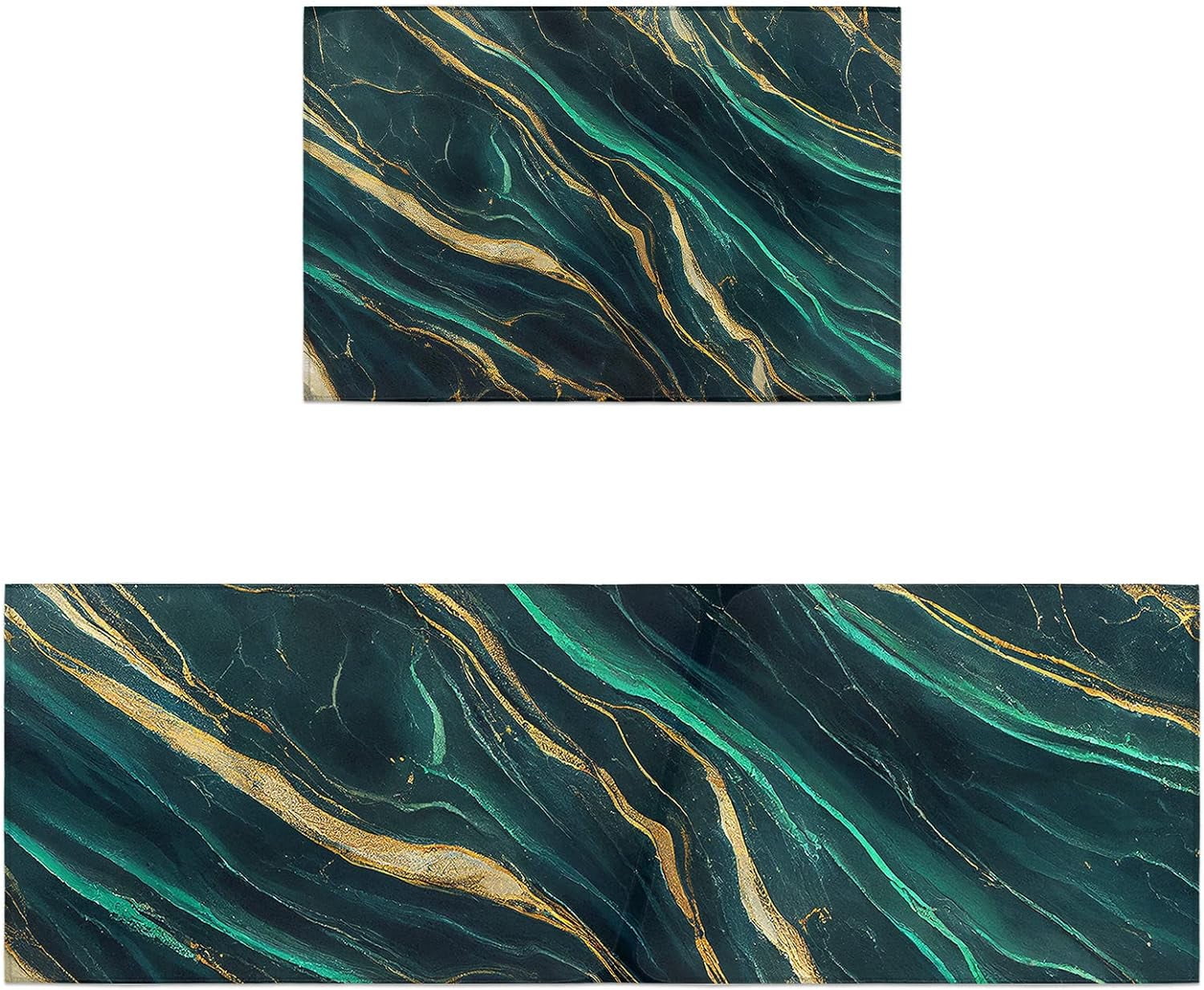 Marble Emerald Green Kitchen Rugs Set of 2, Modern Abstract Gold Art ...