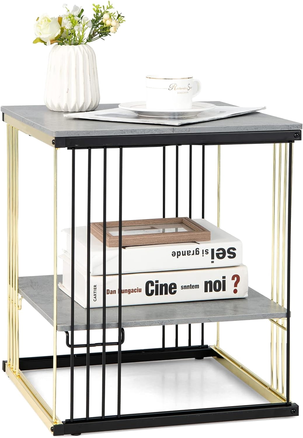 Marble End Table, Modern Square Nightstand with Golden Metal Frame ...