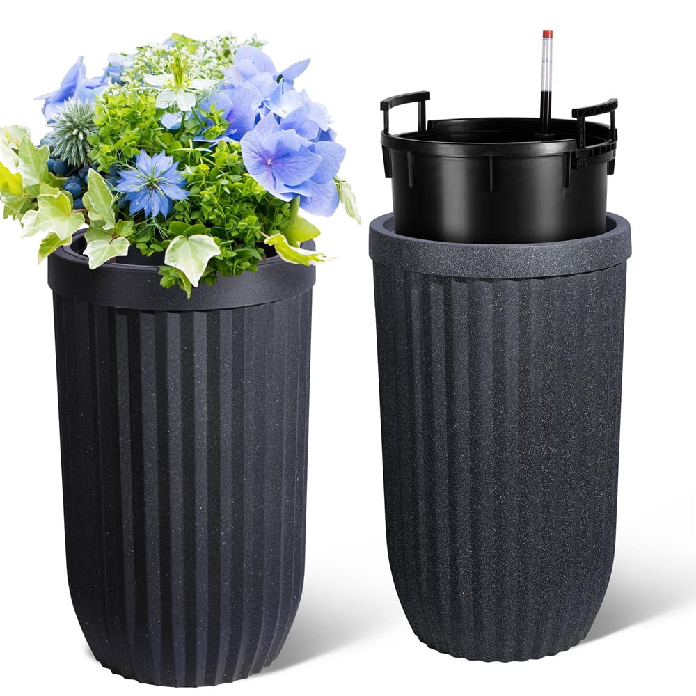 Marble Finish Self Watering Pots, Outdoor Tall Planters Set of 2 with ...