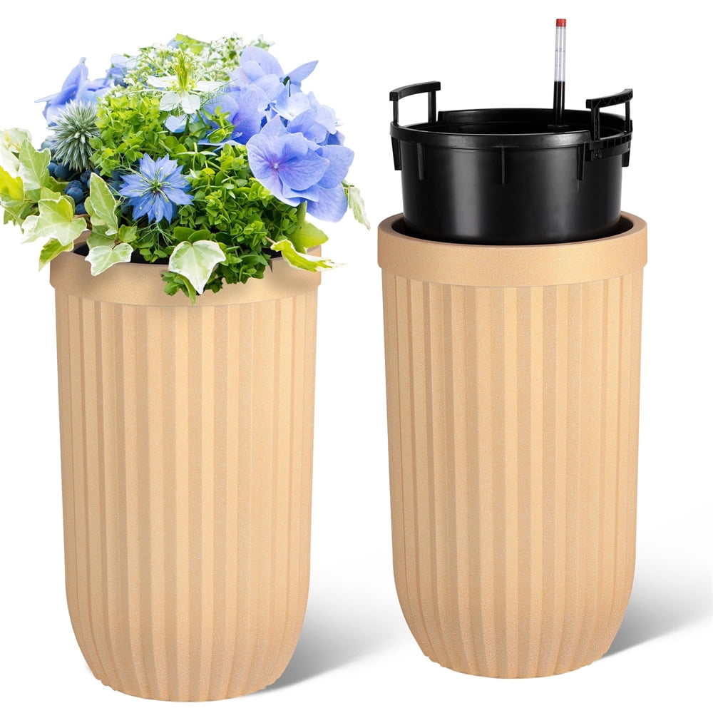 Marble Finish Self Watering Pots, Outdoor Tall Planters Set of 2 with ...