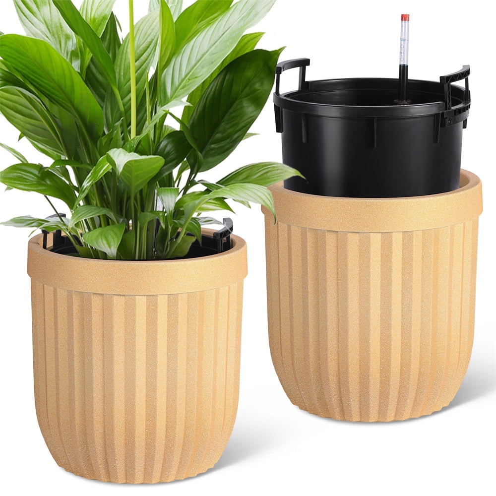 Marble Finish Self Watering Pots, Outdoor Tall Planters Set of 2 with ...