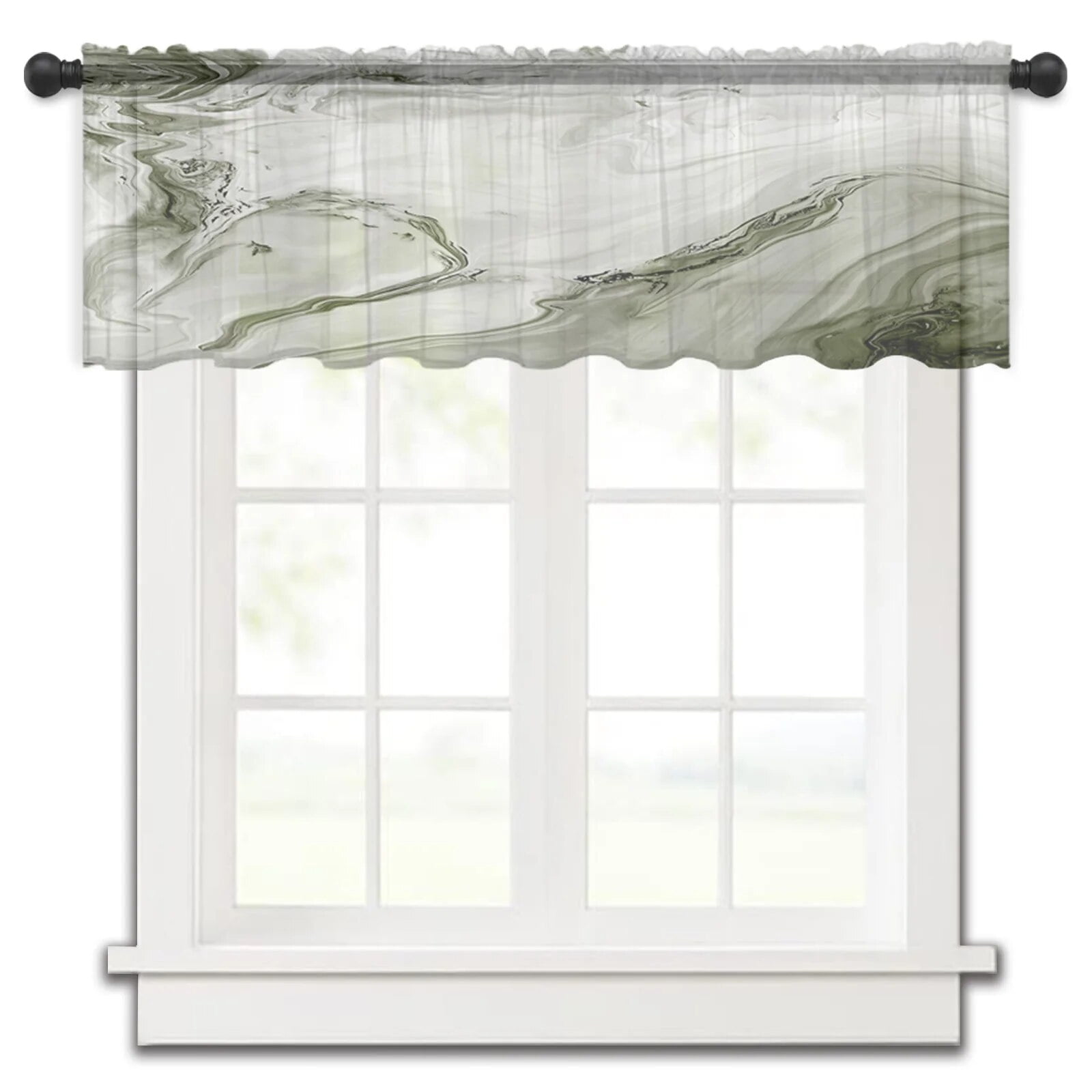 Marble Fluid Textured Sage Green Kitchen Curtains Tulle Sheer Short ...