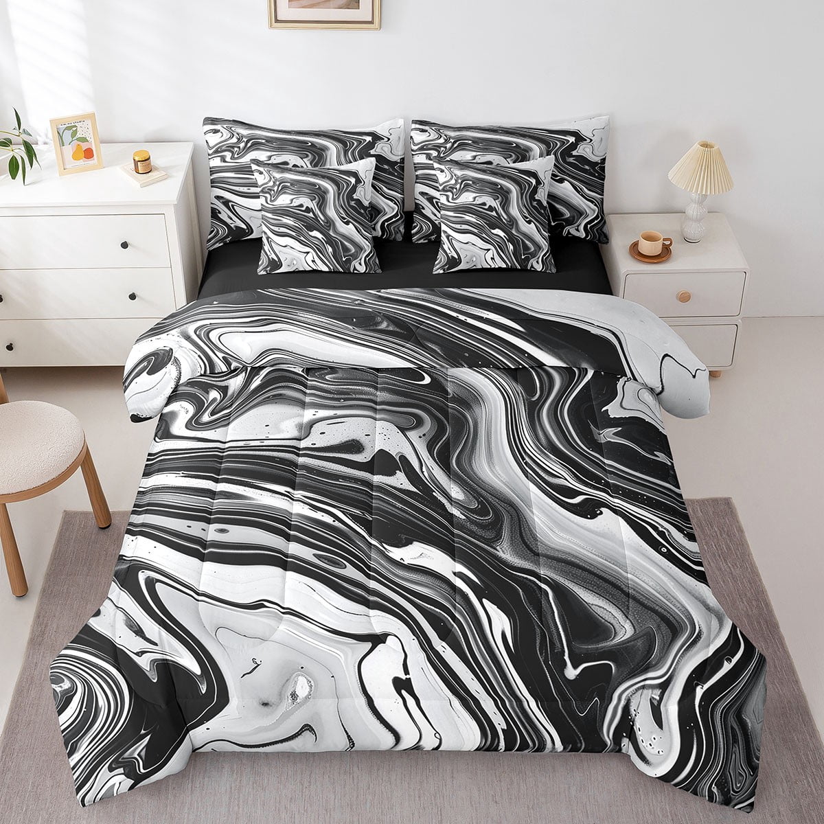 Marble Full Comforter Set 7 Piece For Adults Men,Black White Abstract ...