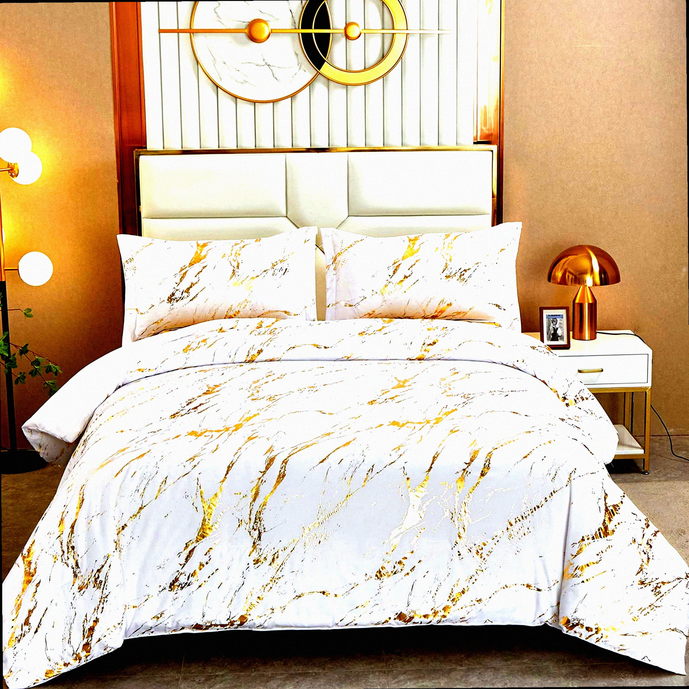 Marble Glitter Gold Comforter Set - Metallic F Print Duvet - Soft ...