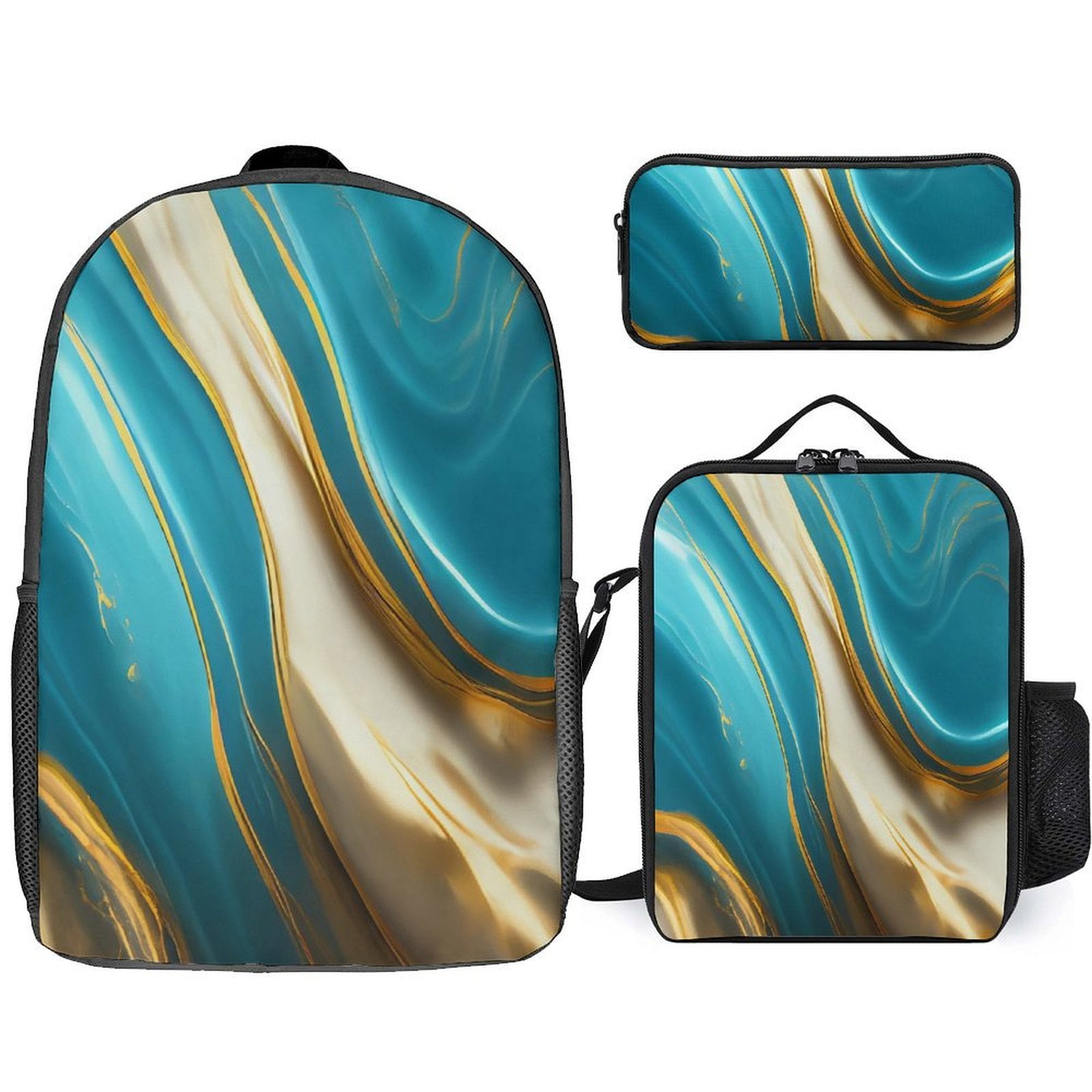 Marble Gold Teal Abstract 3D Printed 3pcs/Set Bags Laptop Daypack ...