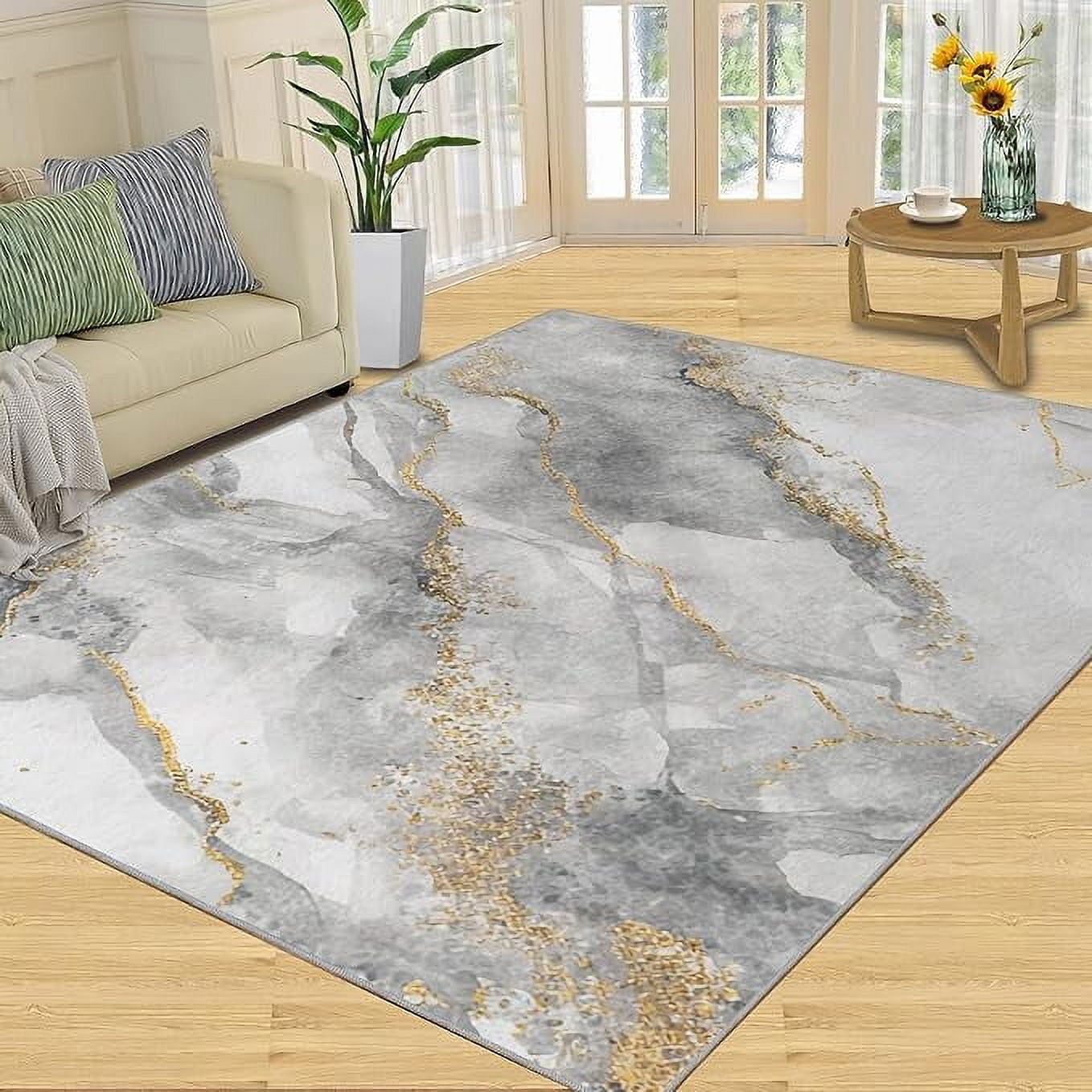 Marble Gray Area Rug For Living Room Bedroom Large Traditional Gold ...