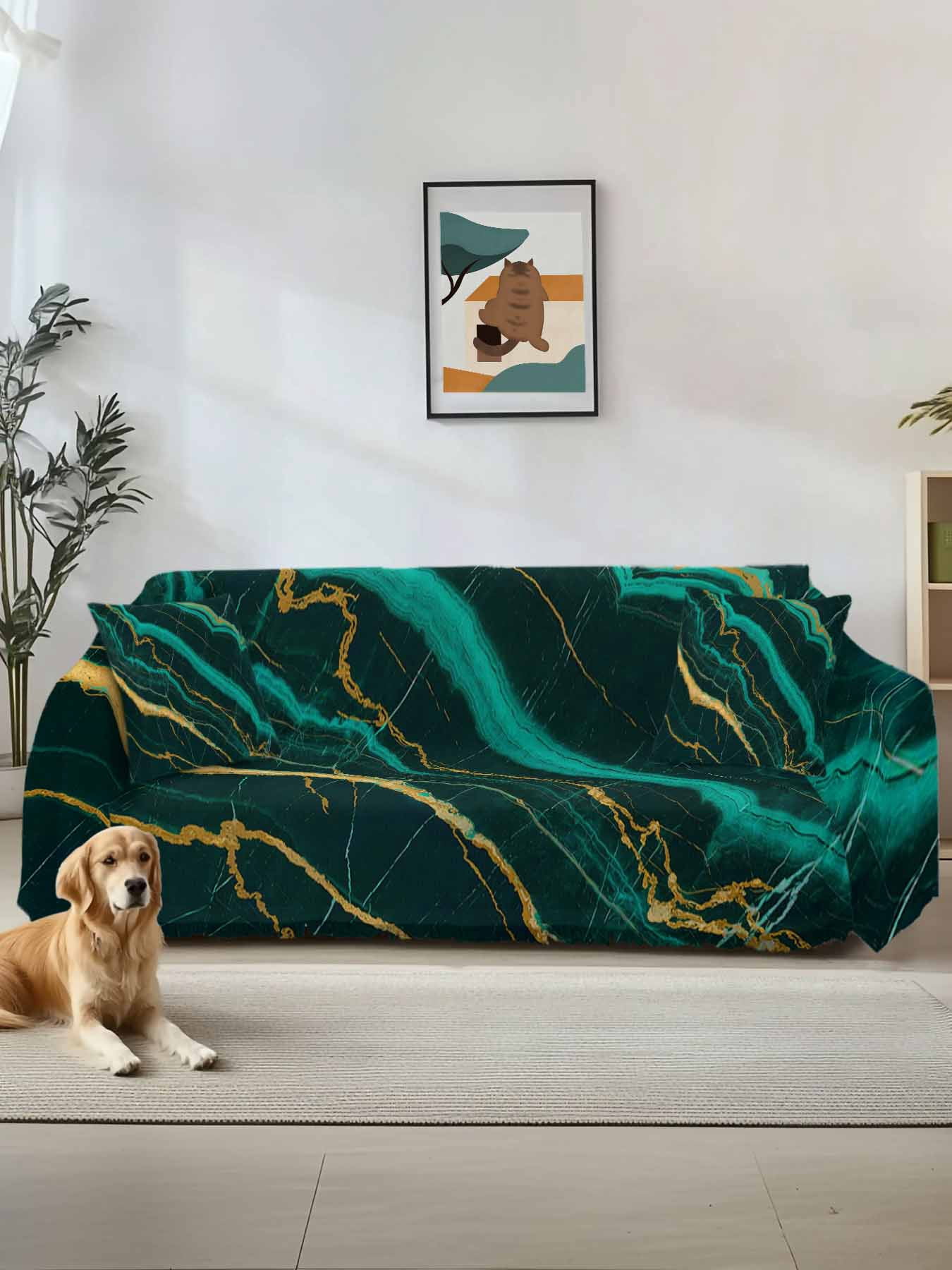 Marble Green Couch Cover, Retro Abstract Ombre Gold Nature Cracks ...