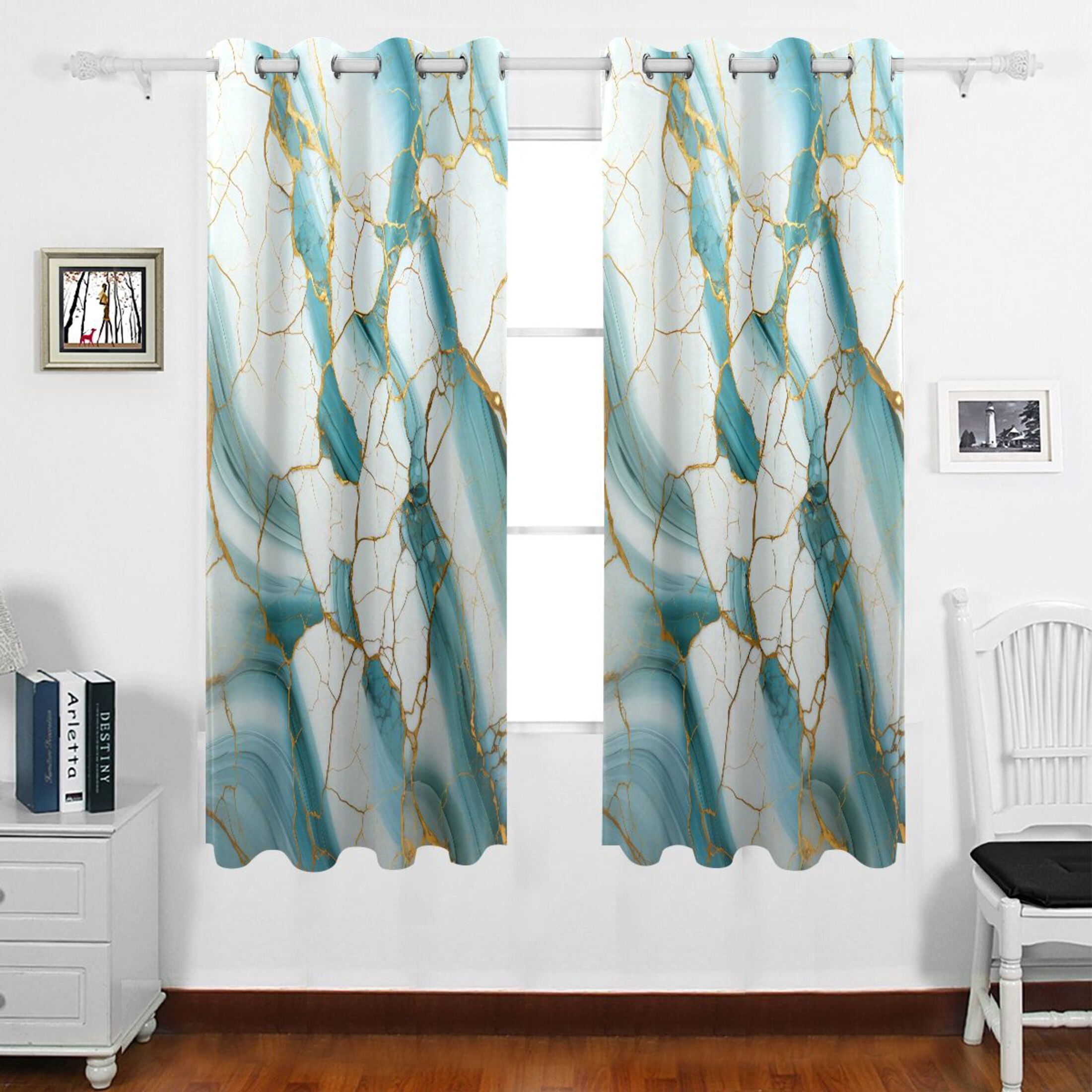 Marble Green Grommet Blackout Curtains Thermal Insulated Window Curtain ...