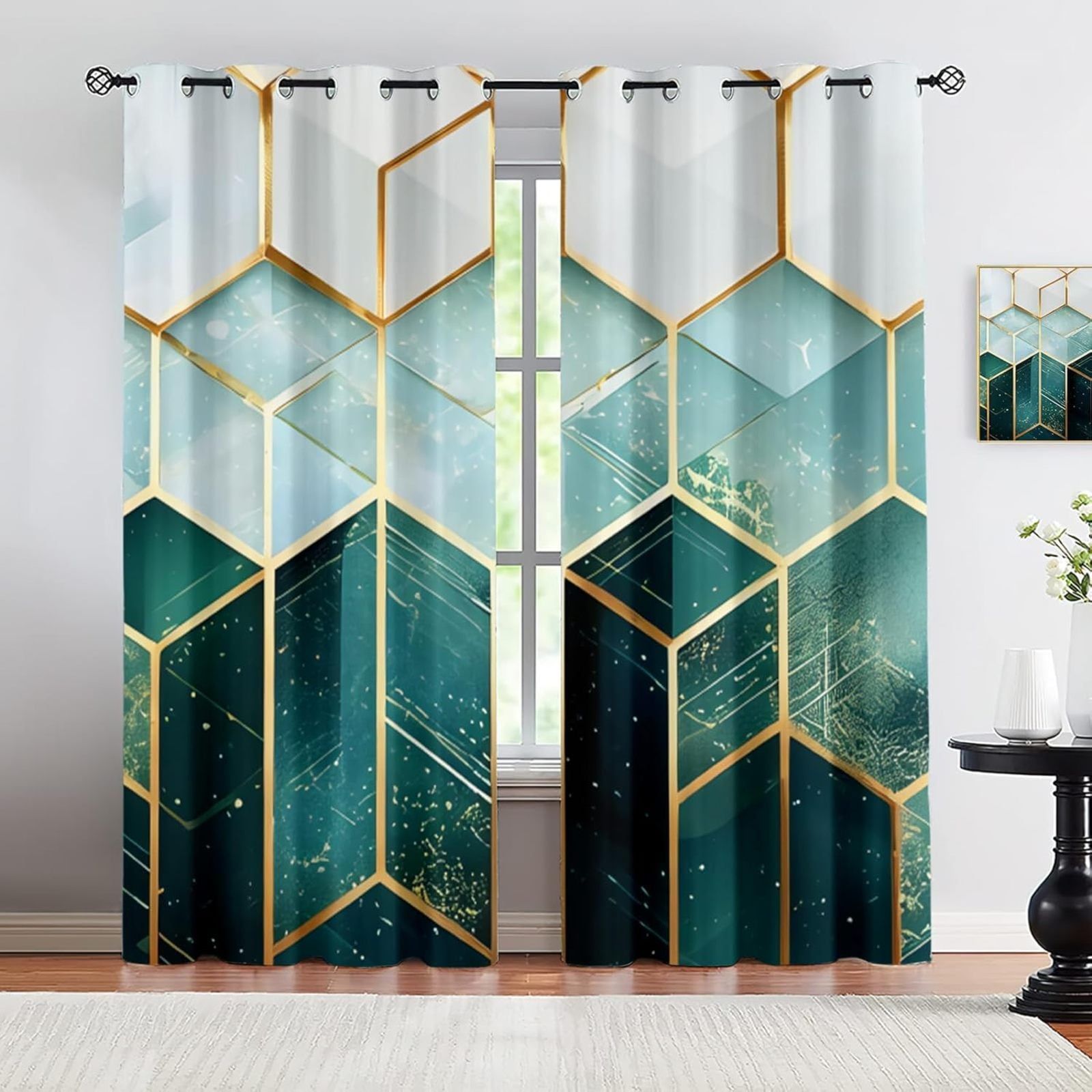 Marble Green Ombre Print Curtain, Rectangular Geometric Marble Texture ...