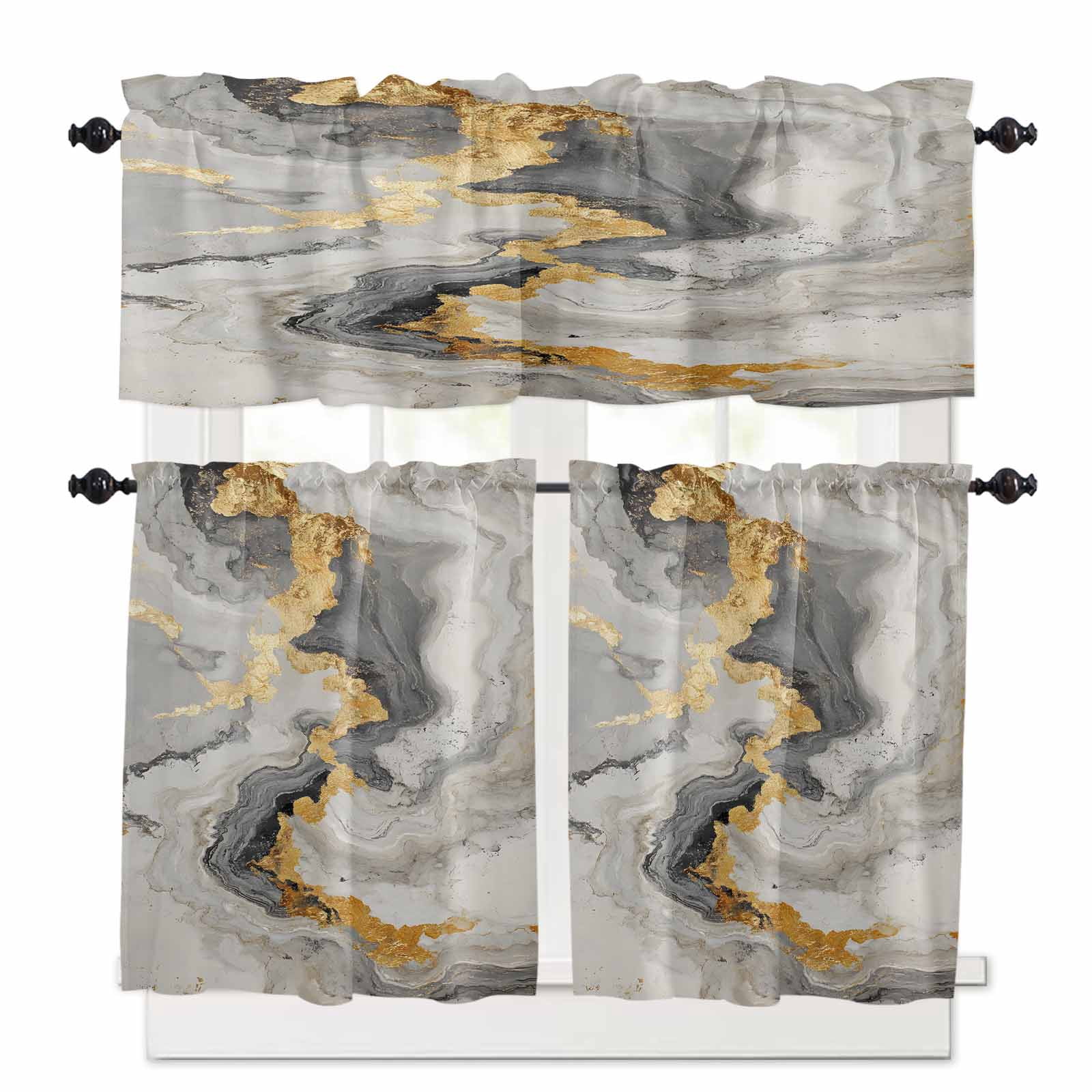 Marble Grey Gold Kitchen Curtains Set for Windows 3 Pieces,36 Inch ...