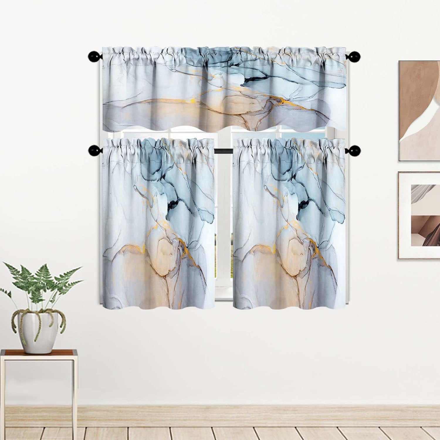 Marble Grey Kitchen Curtain Valance and Tiers, 3Pcs Abstract Marble Art ...