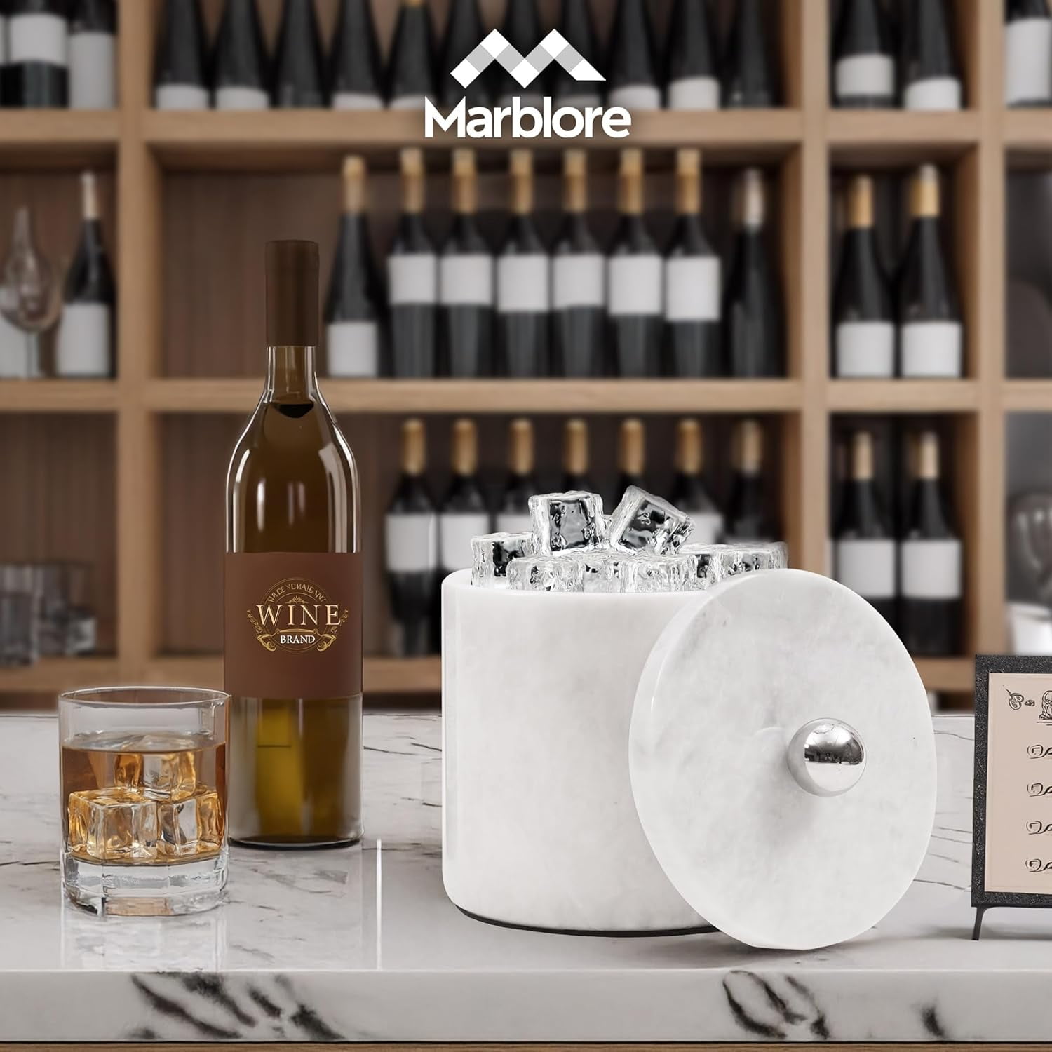 Marble Ice Bucket with Lid 6" White Wine Chiller Bucket for Home Bar ...