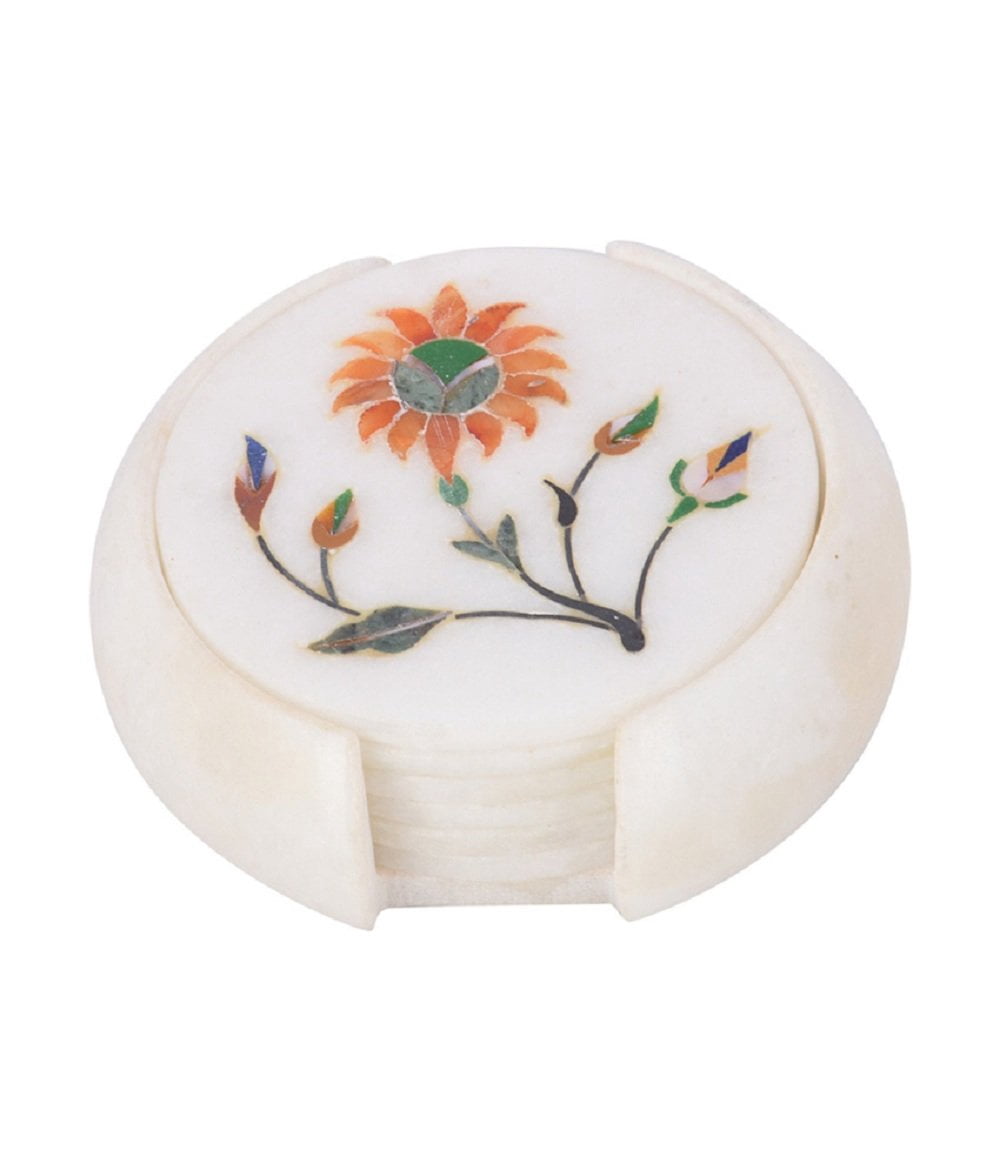 Marble Inlay Coaster 6 Pcs Set Gem Stones Inlaid Floral Art Gift ...