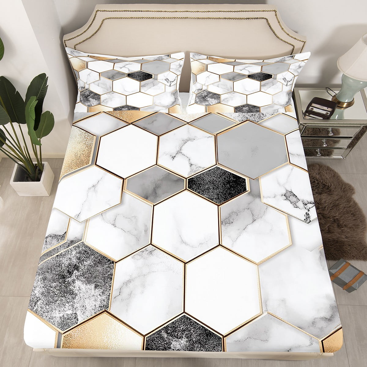 Marble Bedding Set Queen Teens Golden Metallic Fitted Sheet Geometric ...