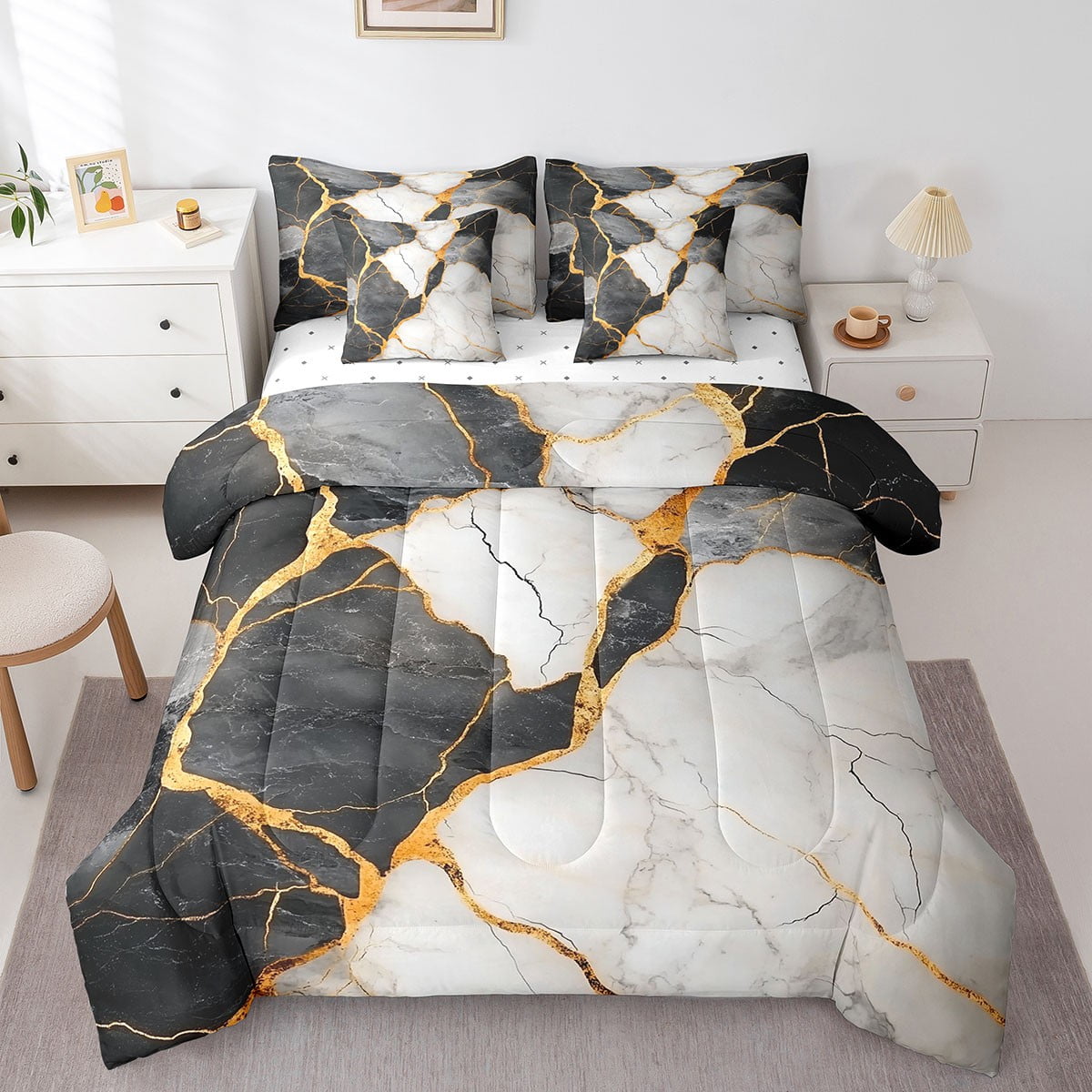 Marble Comforter Set,Stone Pattern Bedding Set 7 Pieces Teens Black And ...