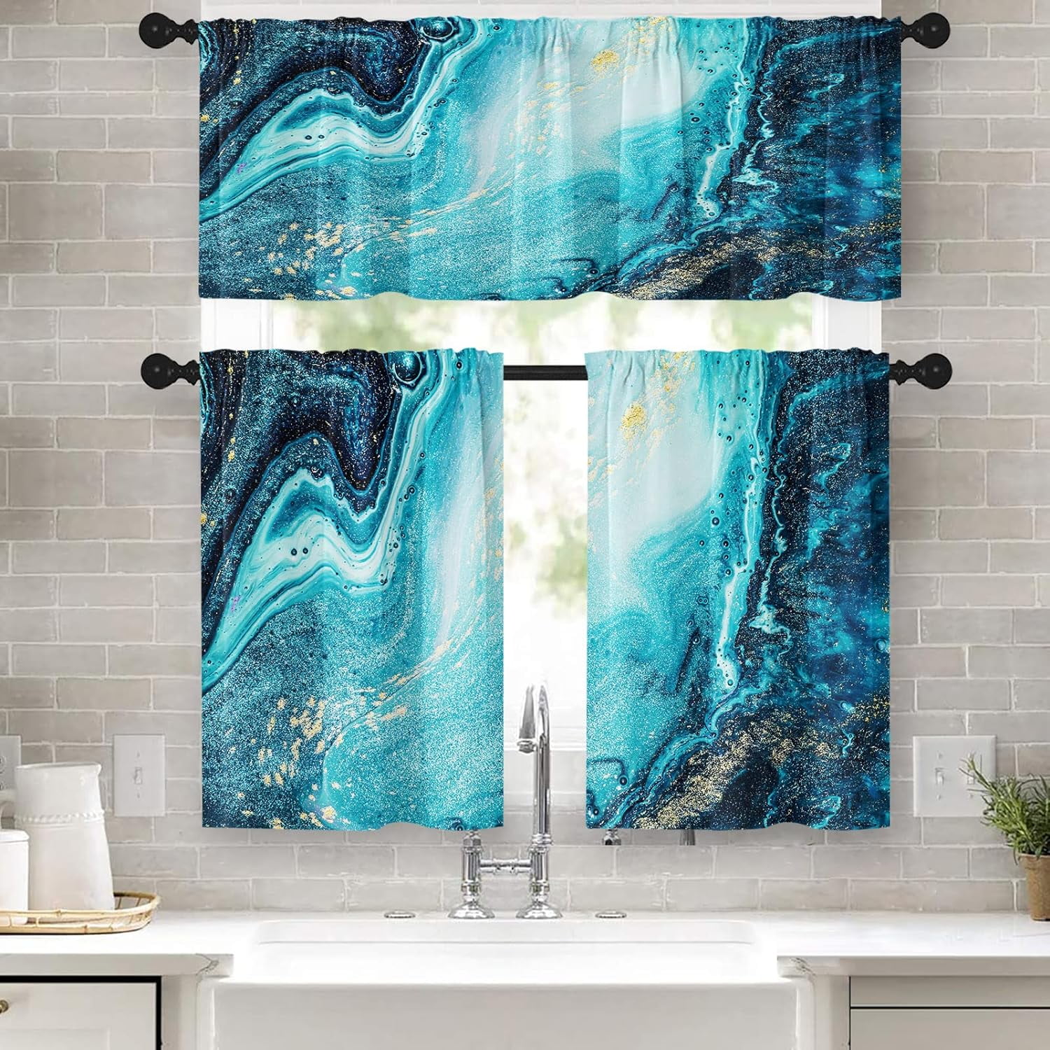 Marble Kitchen Curtains Blue Gold Window Curtains and Valances Set 36 ...