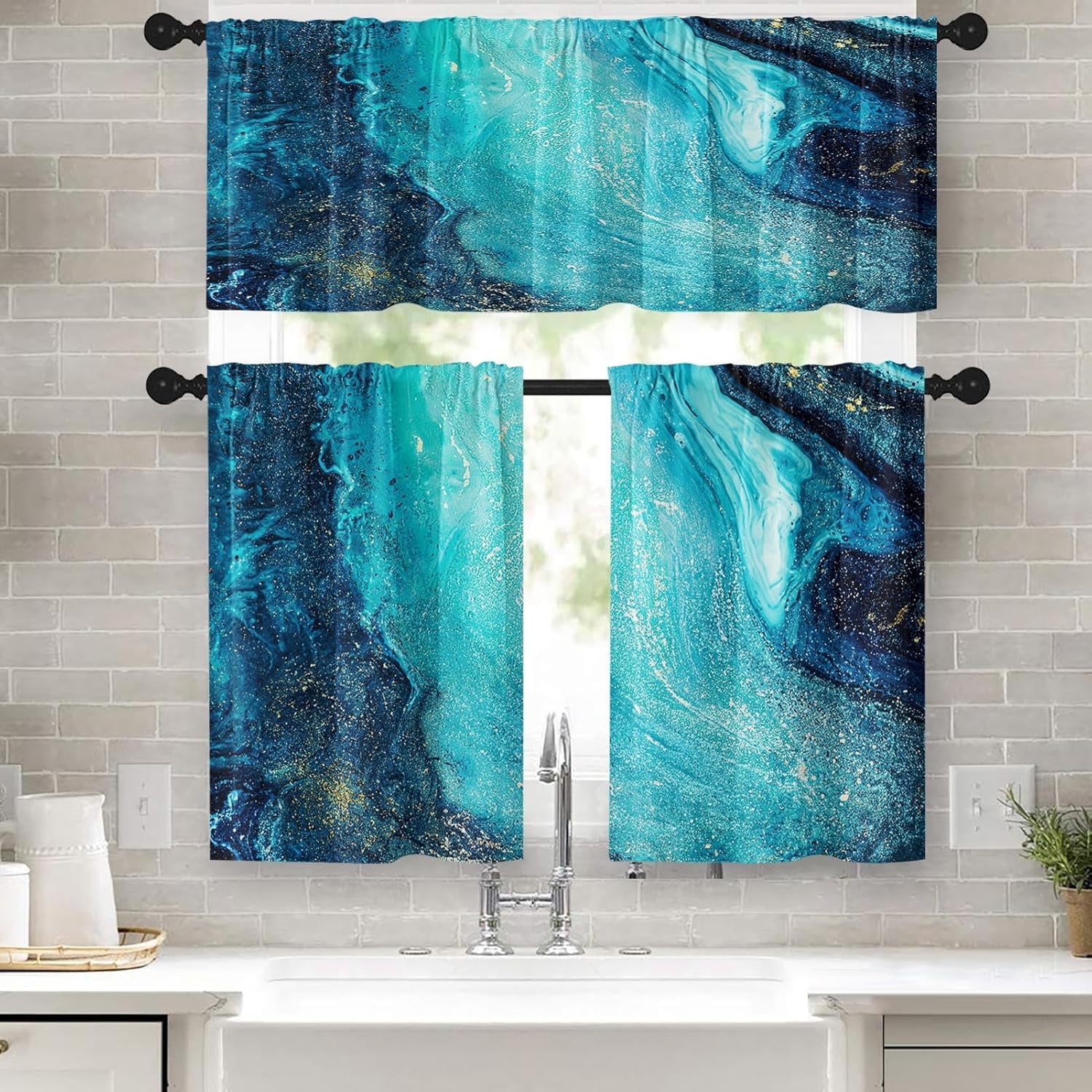 Marble Kitchen Curtains Blue Gold Window Curtains and Valances Set 36 ...