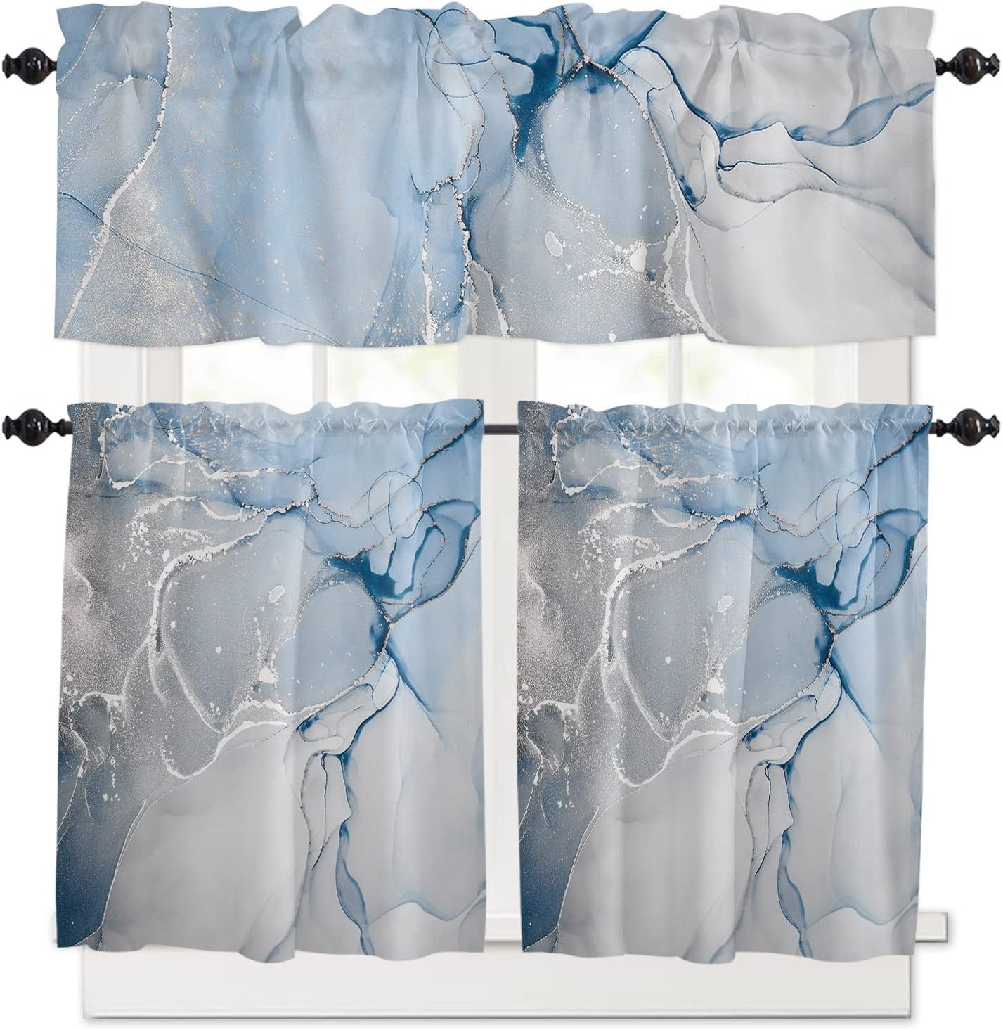 Marble Kitchen Curtains Set Short half Curtains 36 Inches Length, Blue ...