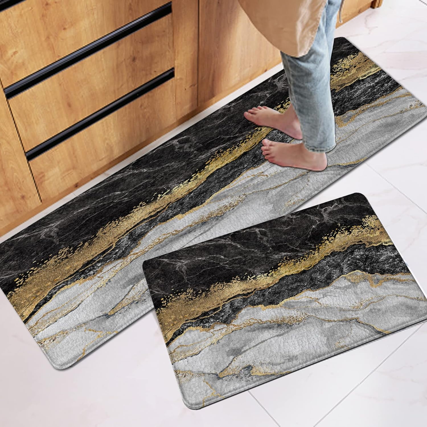 Marble Kitchen Mat Black and Gold Kitchen Rugs Kitchen Runner Mat Set ...