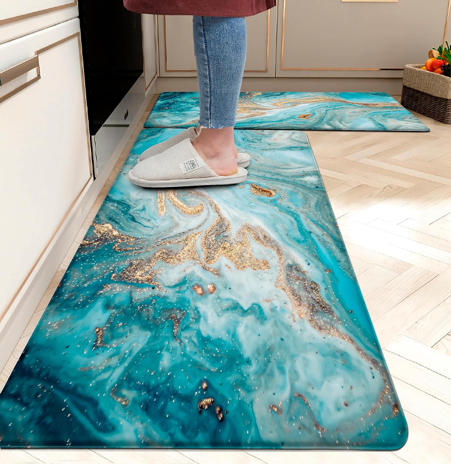Marble Kitchen Rugs Abstract Blue Jade Texture Gold Ombre Modern Ink ...