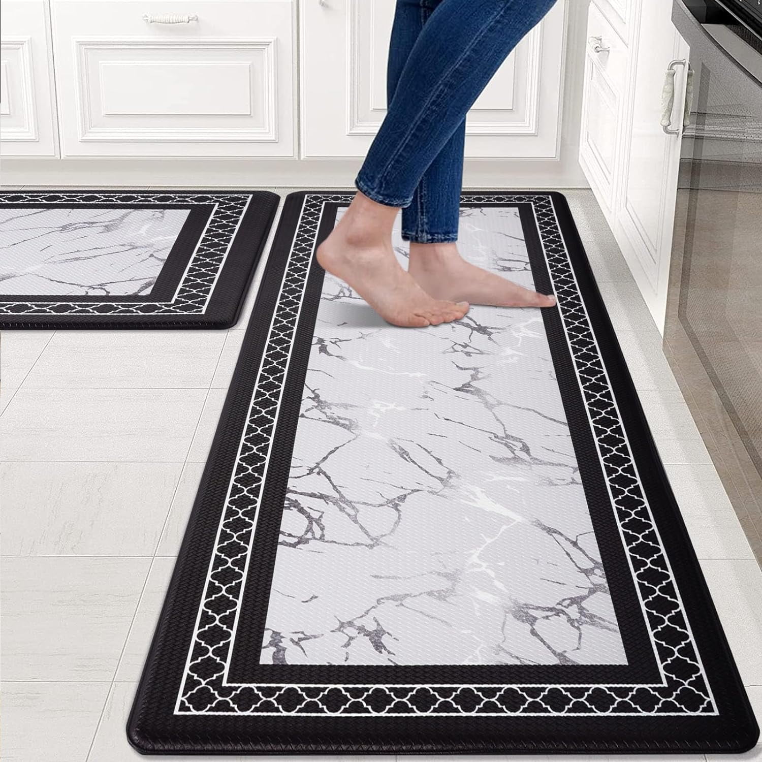 Marble Kitchen Rugs Non Slip, Silver White Marble Kitchen Mats ...