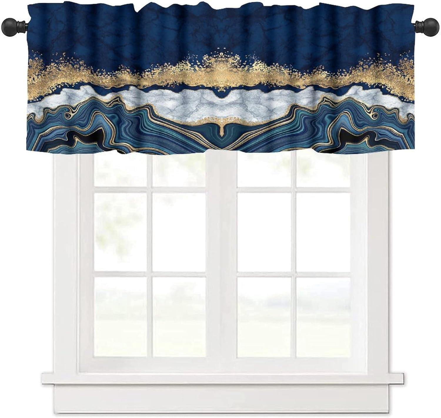 Marble Kitchen Valance Curtain,Navy Blue Marble Texture Gold Giltter ...
