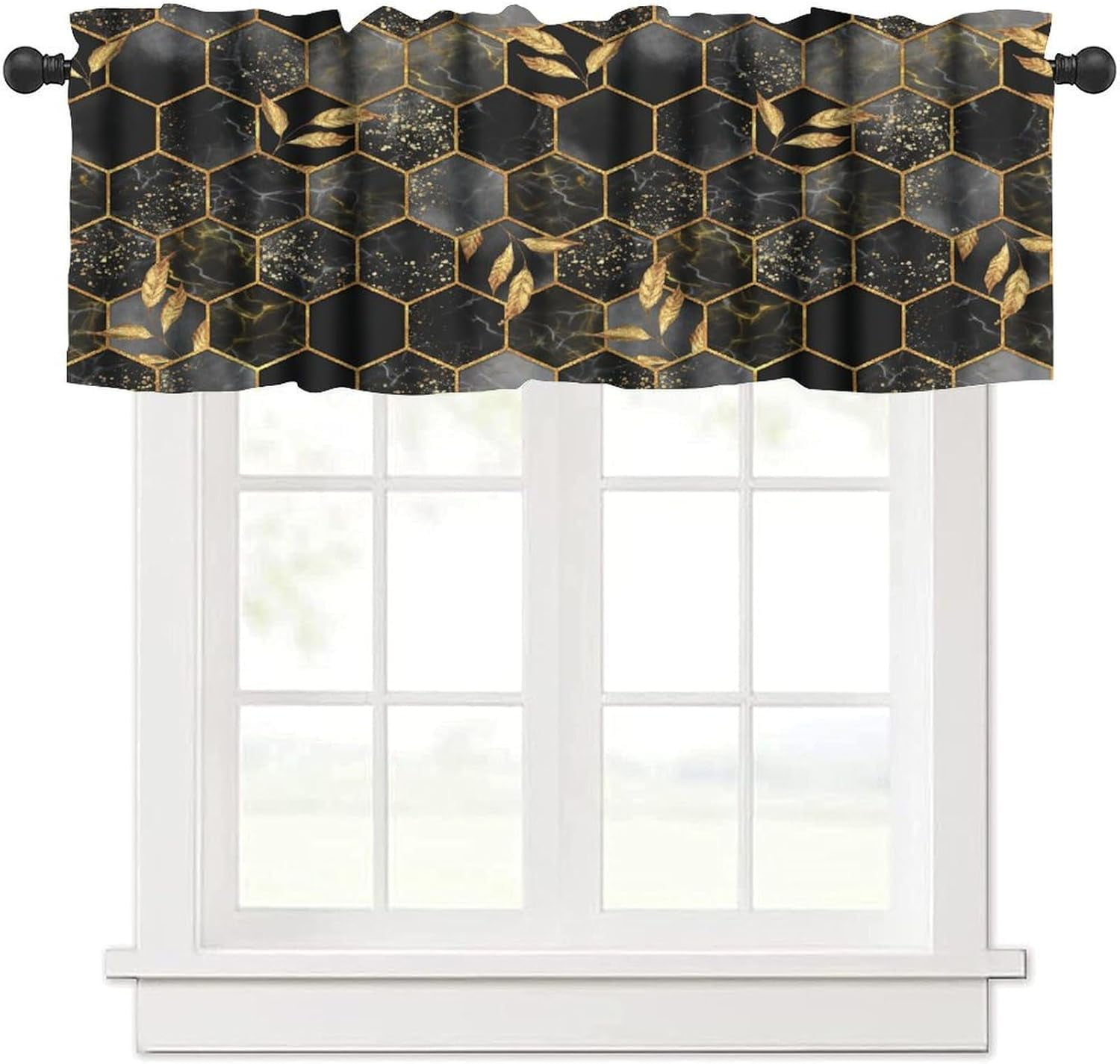 Marble Kitchen Valances Curtain, Abstract Black Marble Hexagon Texture ...