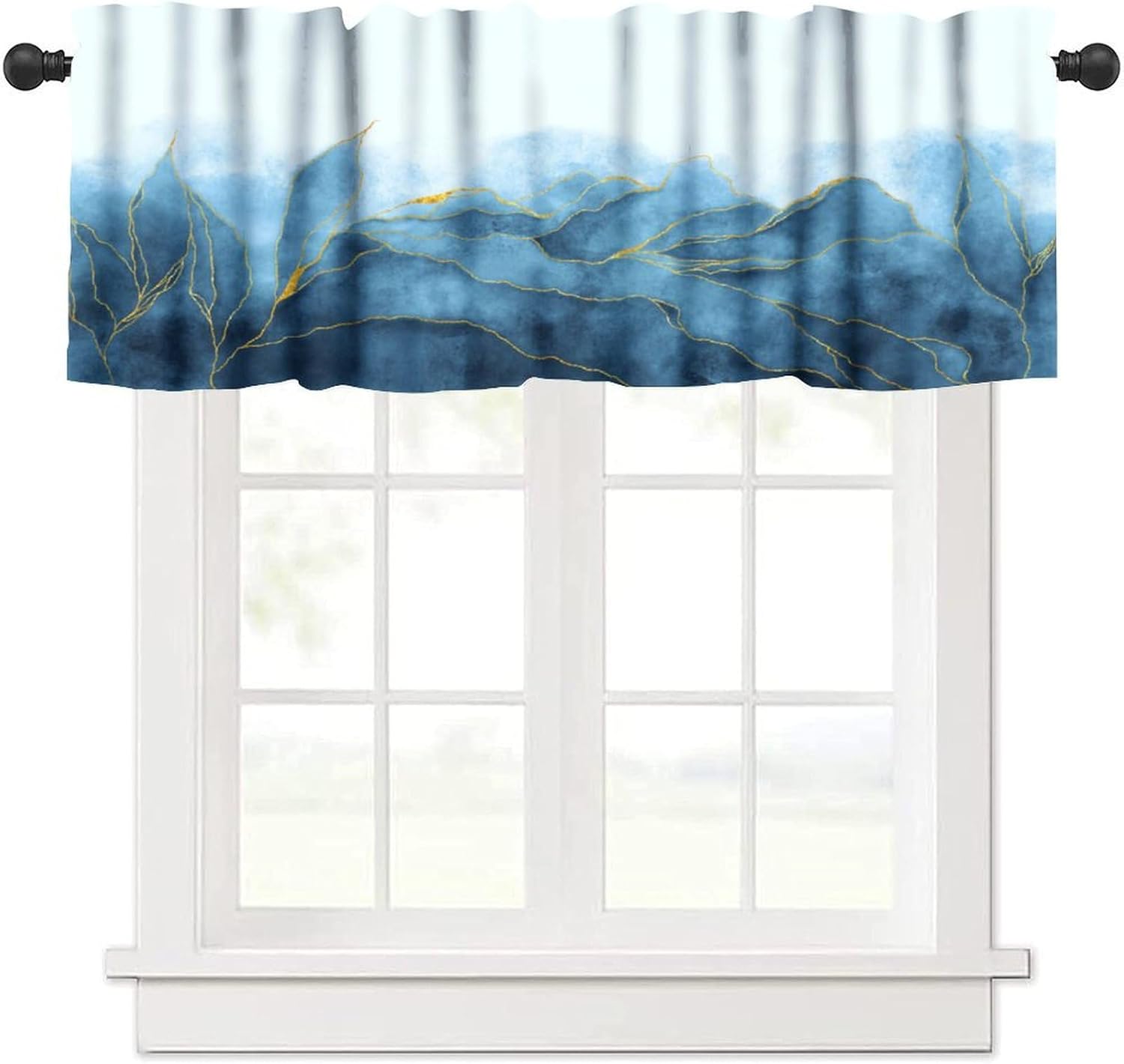 Marble Kitchen Valances Curtain, Golden Shiny Vein Gradient Blue Liquid ...