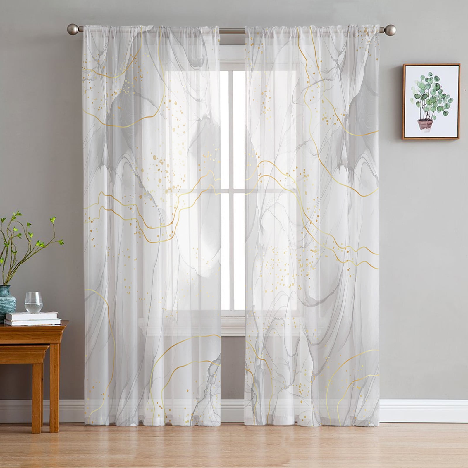 Marble Line Gold Gradient Overlap Gray Bedroom Transparent Sheer ...