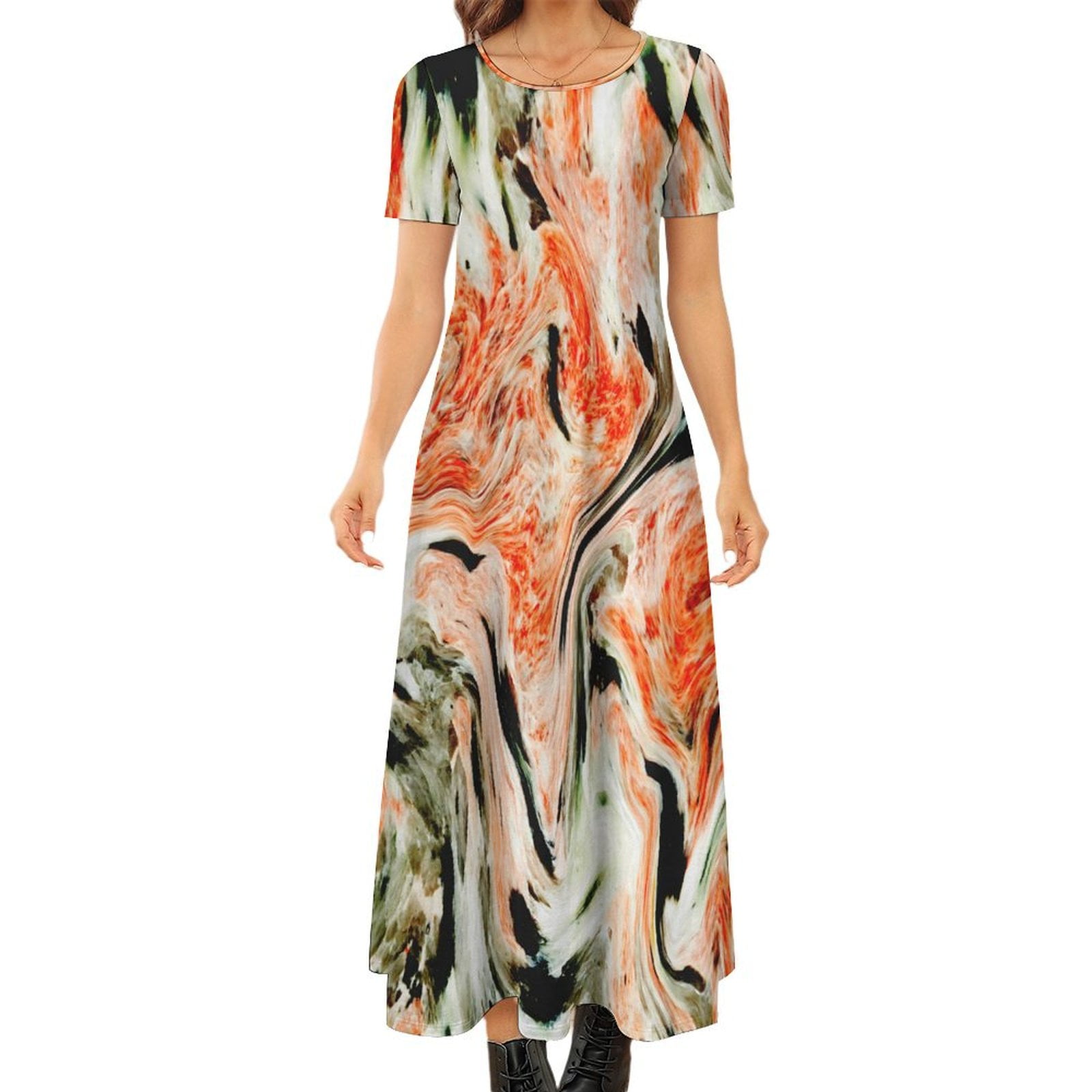 Marble Maxi Dress for Women Crew Neck Beach Dress Short Sleeve Casual ...