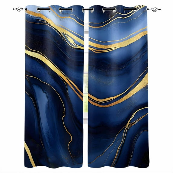 Marble Navy Blue Blackout Curtains 84 Inches Long, Modern Golden Ombre ...