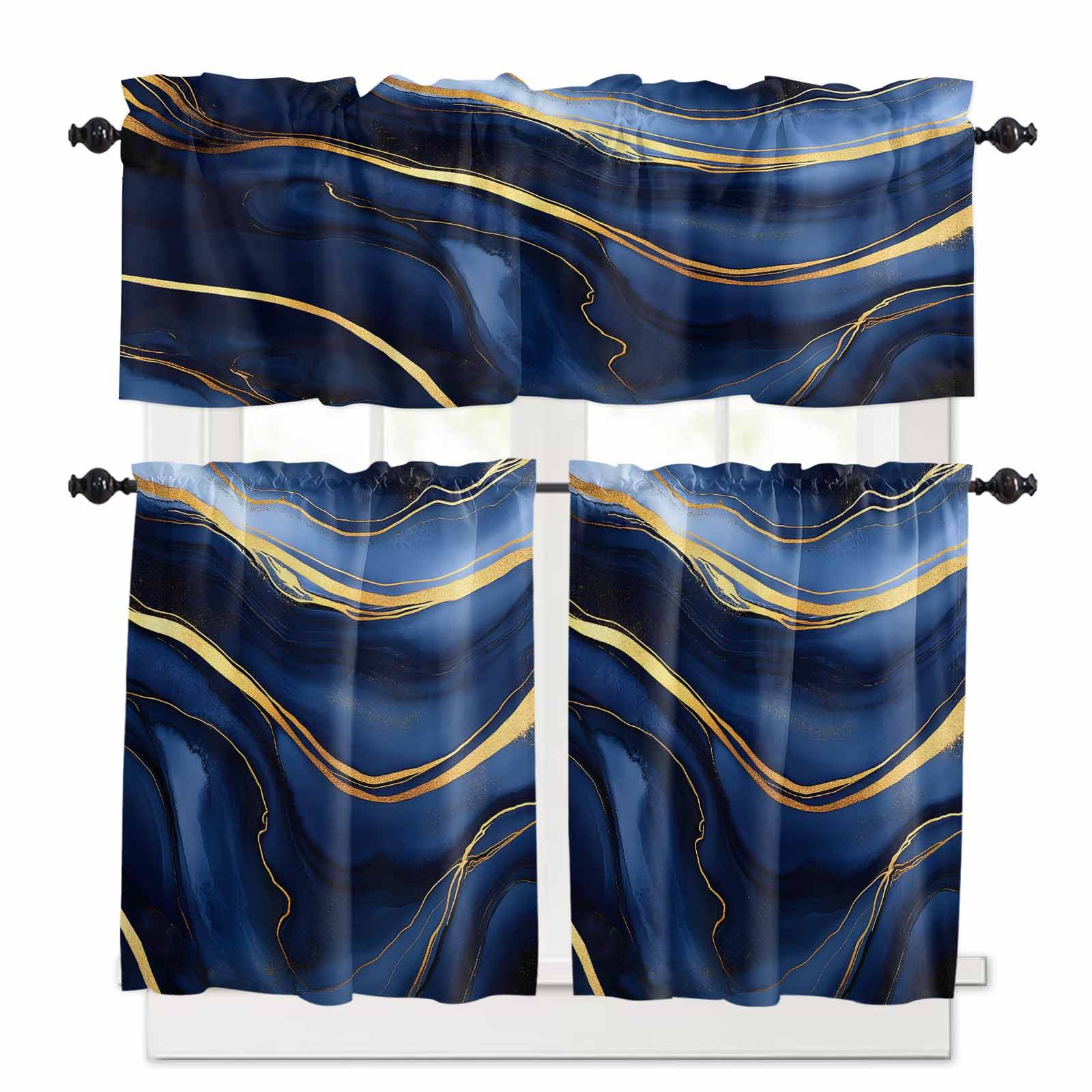 Marble Navy Blue Kitchen Curtains and Valances Set, 3 Piece Kitchen ...
