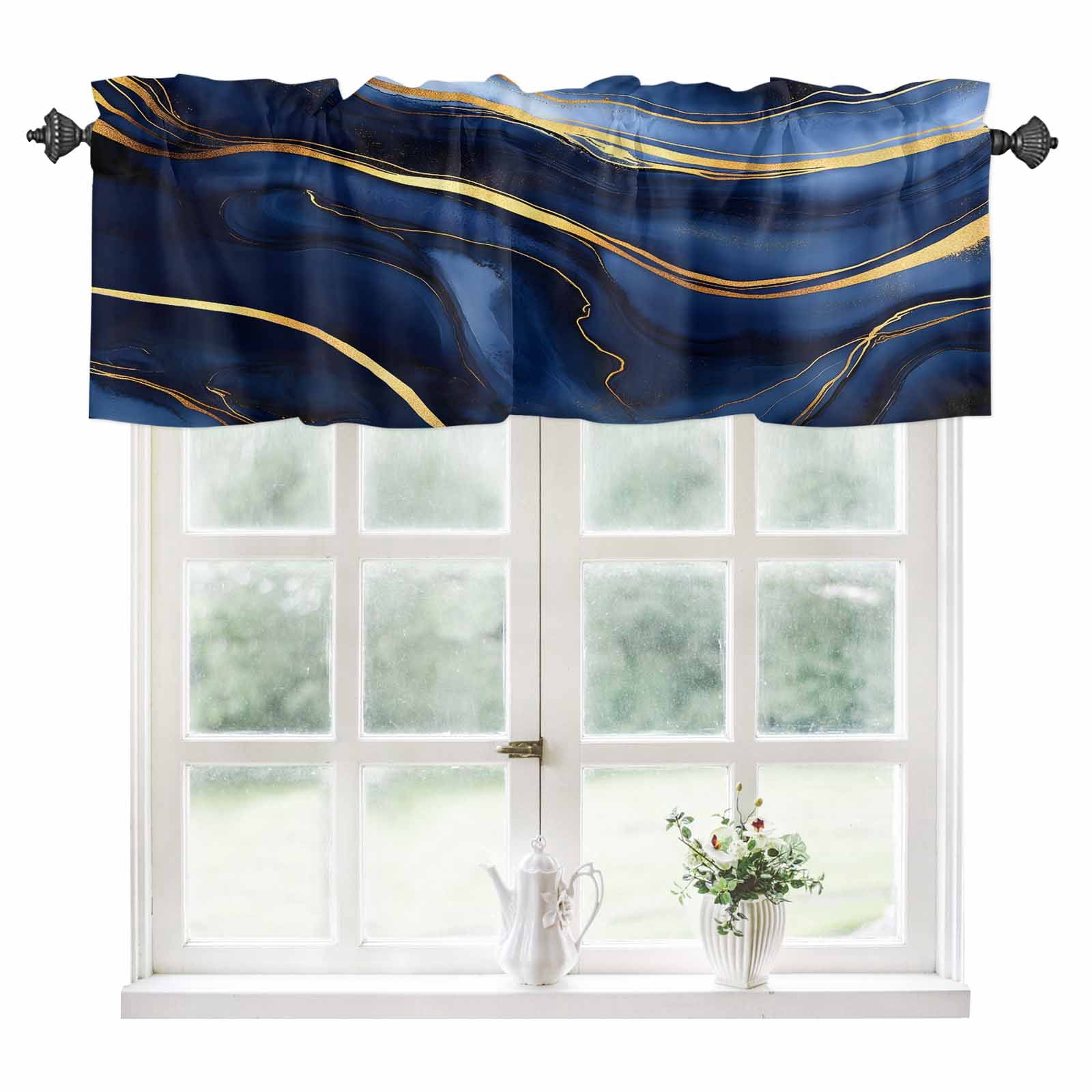 Marble Navy Blue Kitchen Valances for Windows 60x18 Inch Kitchen ...