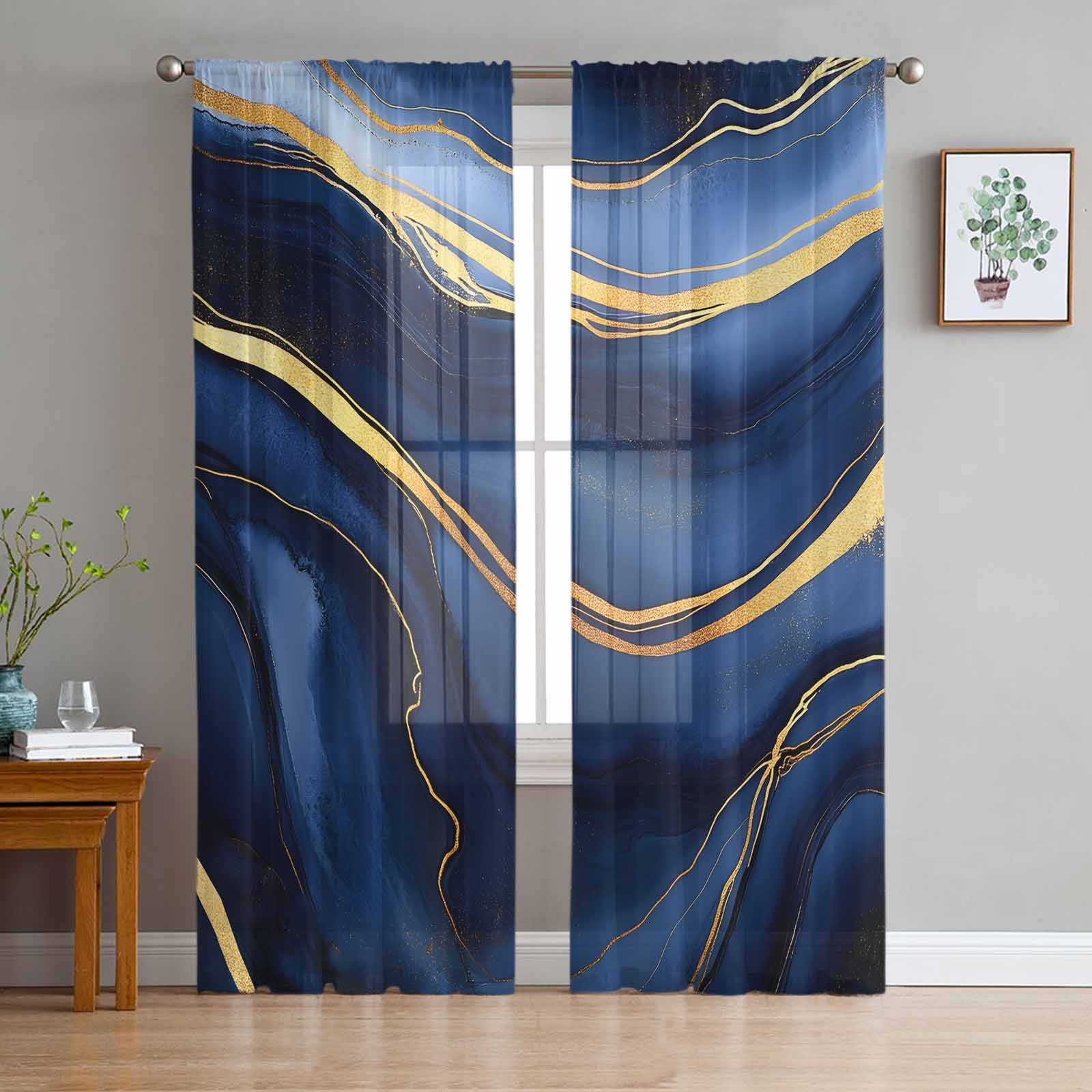 Marble Navy Blue Sheer Curtains 63 Inches Length 2 Panels Set, Window Sheer Curtains for Living ...