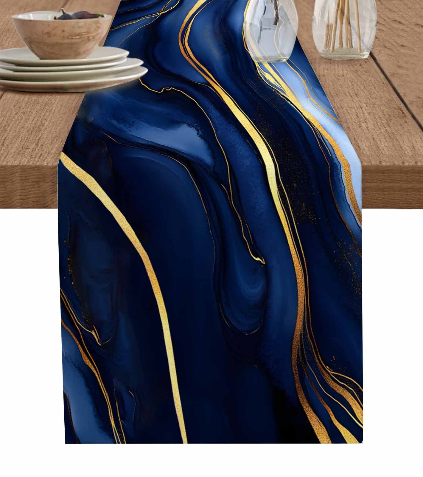 Marble Navy Blue Table Runner 72 Inches, Modern Golden Ombre Retro Art ...