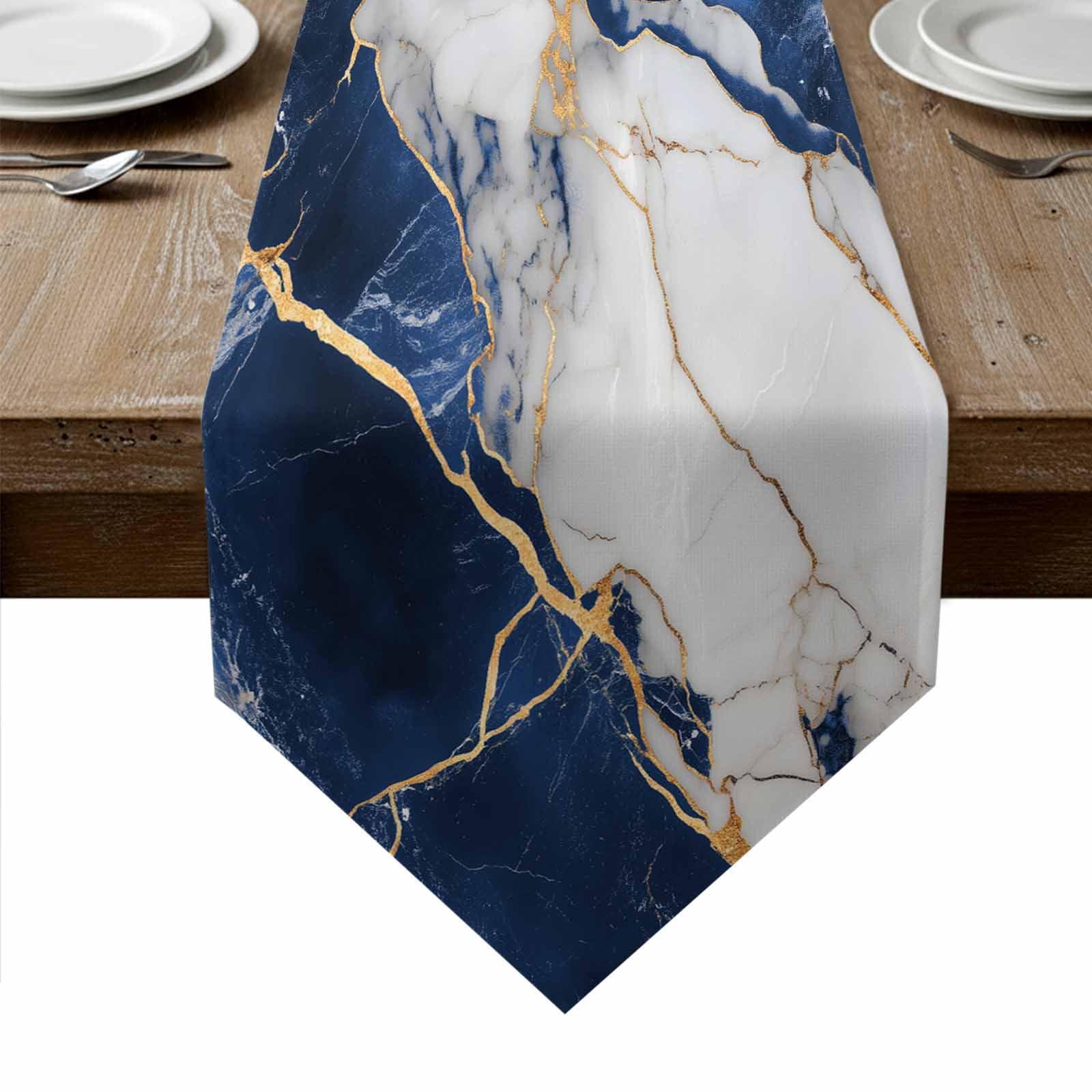 Marble Navy Blue Table Runner Linen Burlap Table Runner 60 Inches Long ...