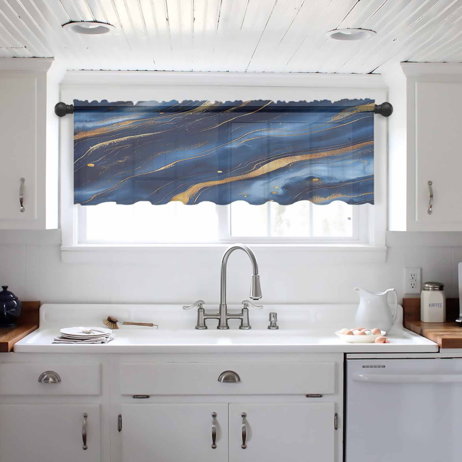 Marble Navy Blue Valance Curtains for Kitchen/Living Room/Bathroom ...